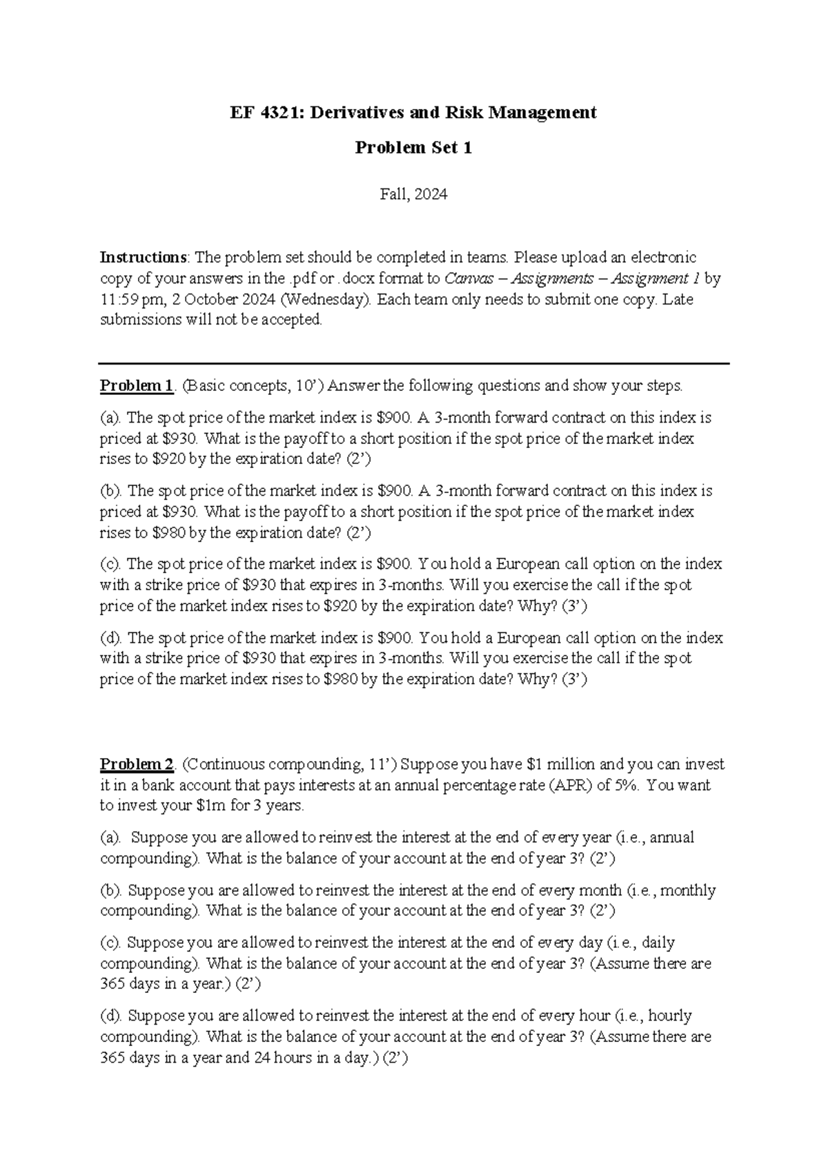 EF4321 F2024 Problem Set 1 - EF 4321: Derivatives and Risk Management ...