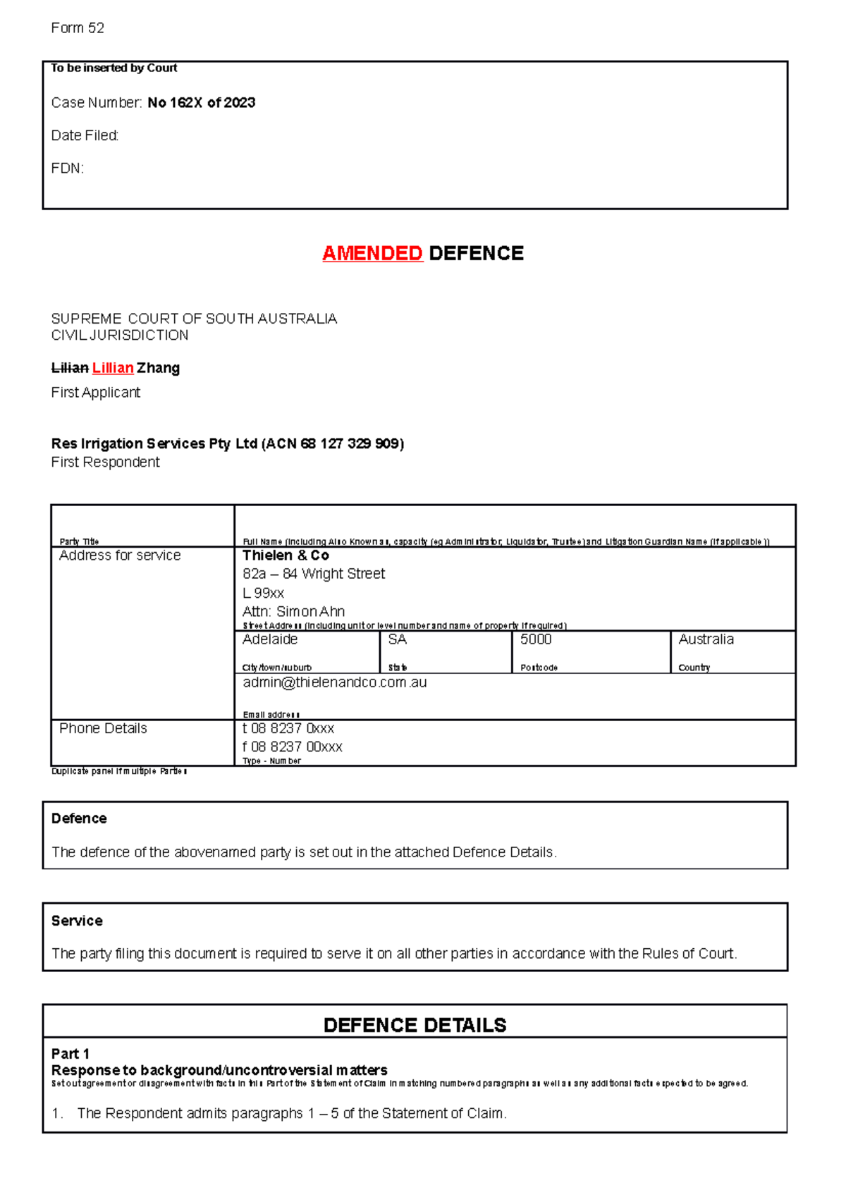 Zhang v RES Amended Defence 2023 - To be inserted by Court Case Number ...