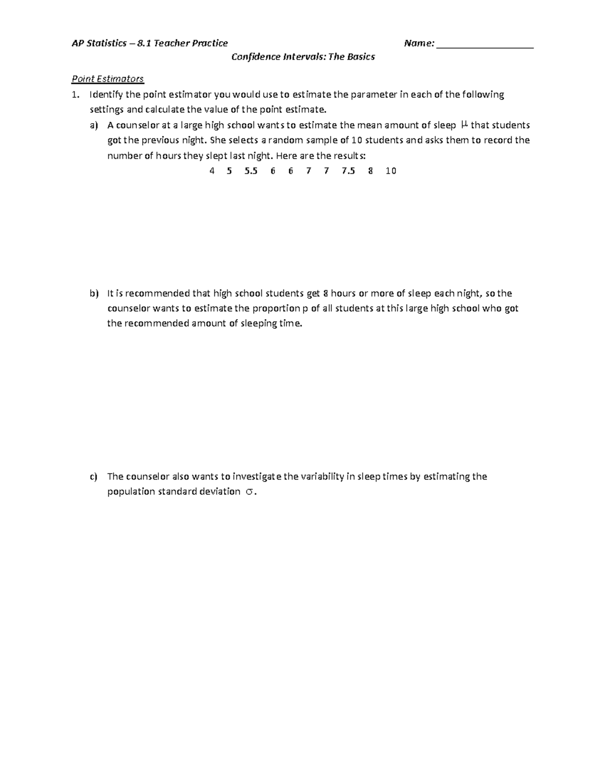 Teacher Practice - 8.1 Blank - AP Statistics – 8 Teacher Practice Name