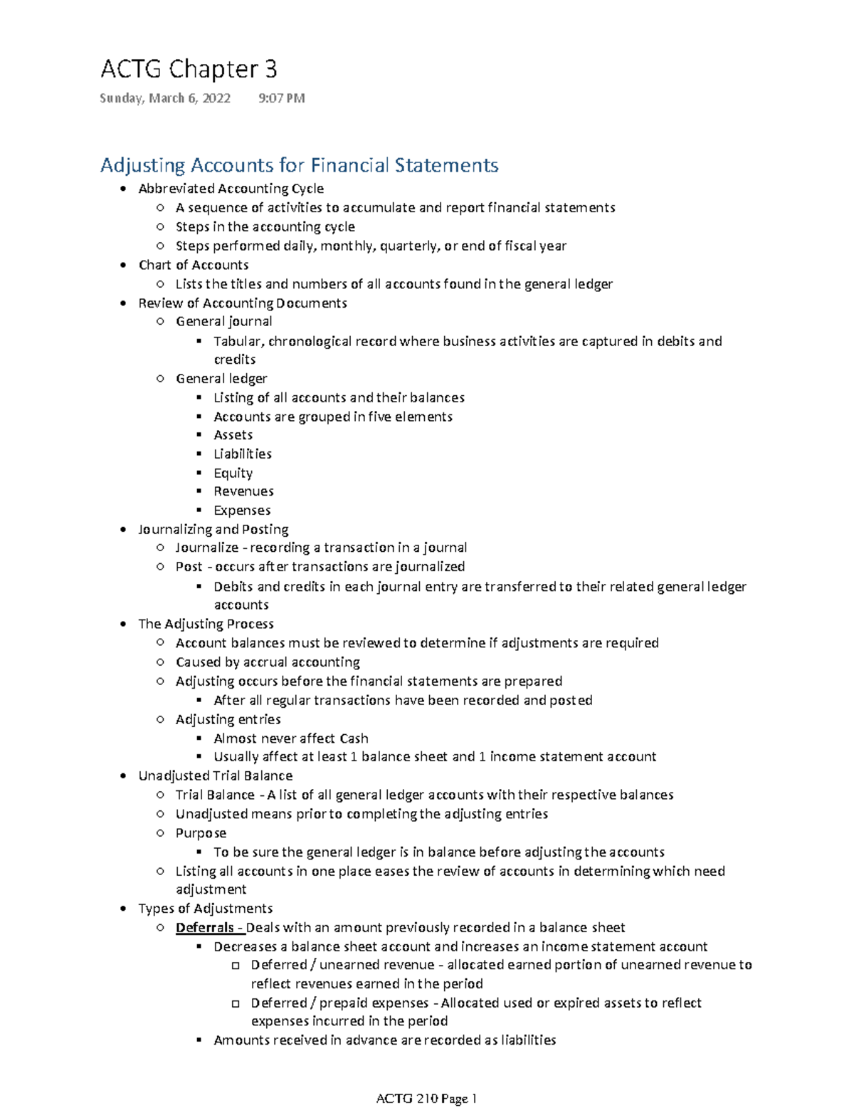 ACTG 210 Financial Accounting Chapter 3 - Adjusting Accounts for Financial Statements ...