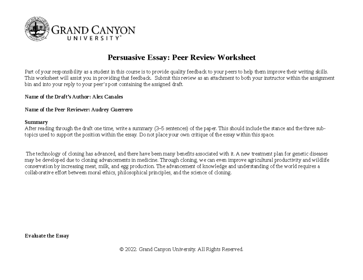 Peer Review Worksheet - Persuasive Essay: Peer Review Worksheet Part of ...