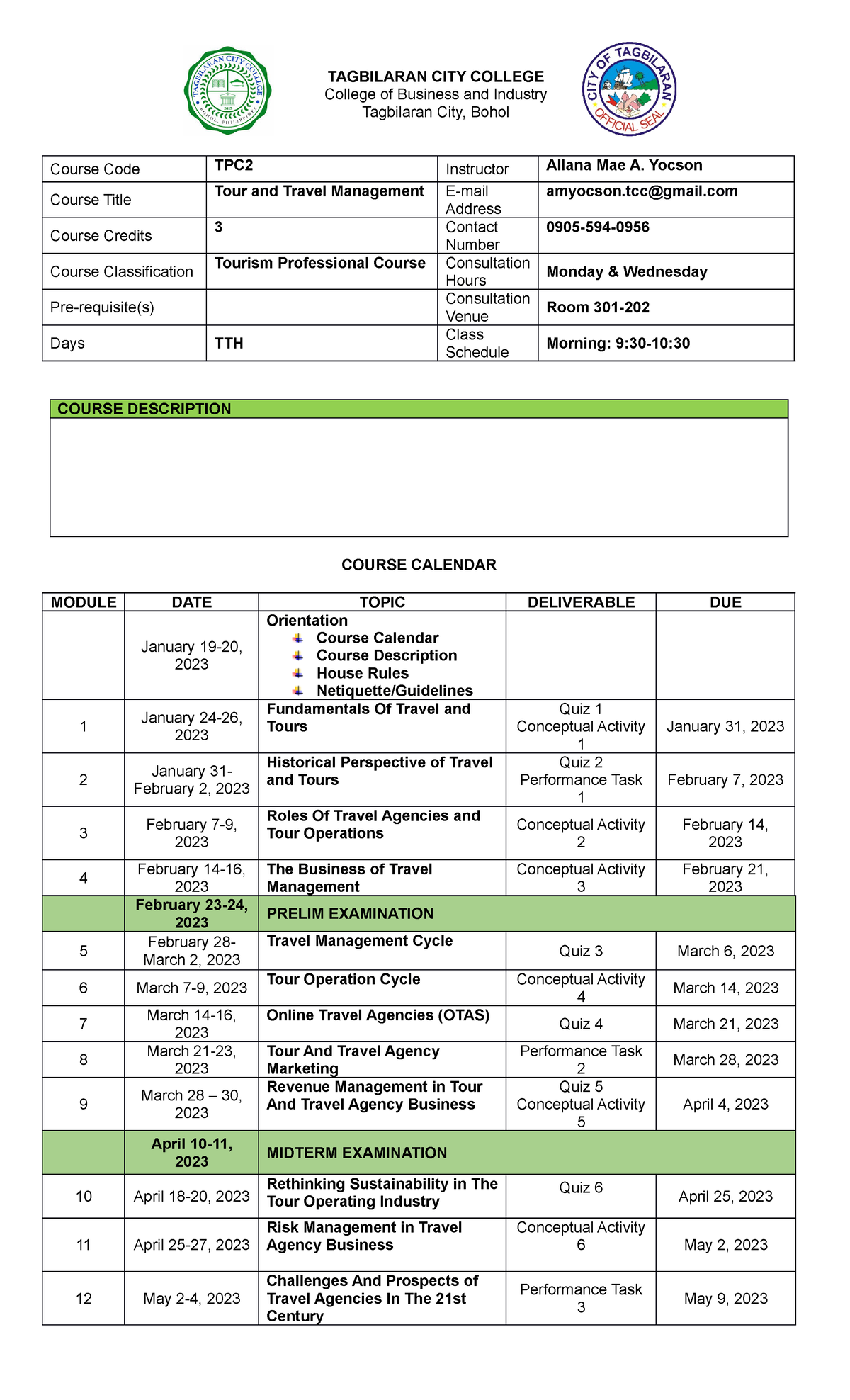 Yocson-TPC2 Course-Calendar-TTH - TAGBILARAN CITY COLLEGE College of Business and Industry - Studocu