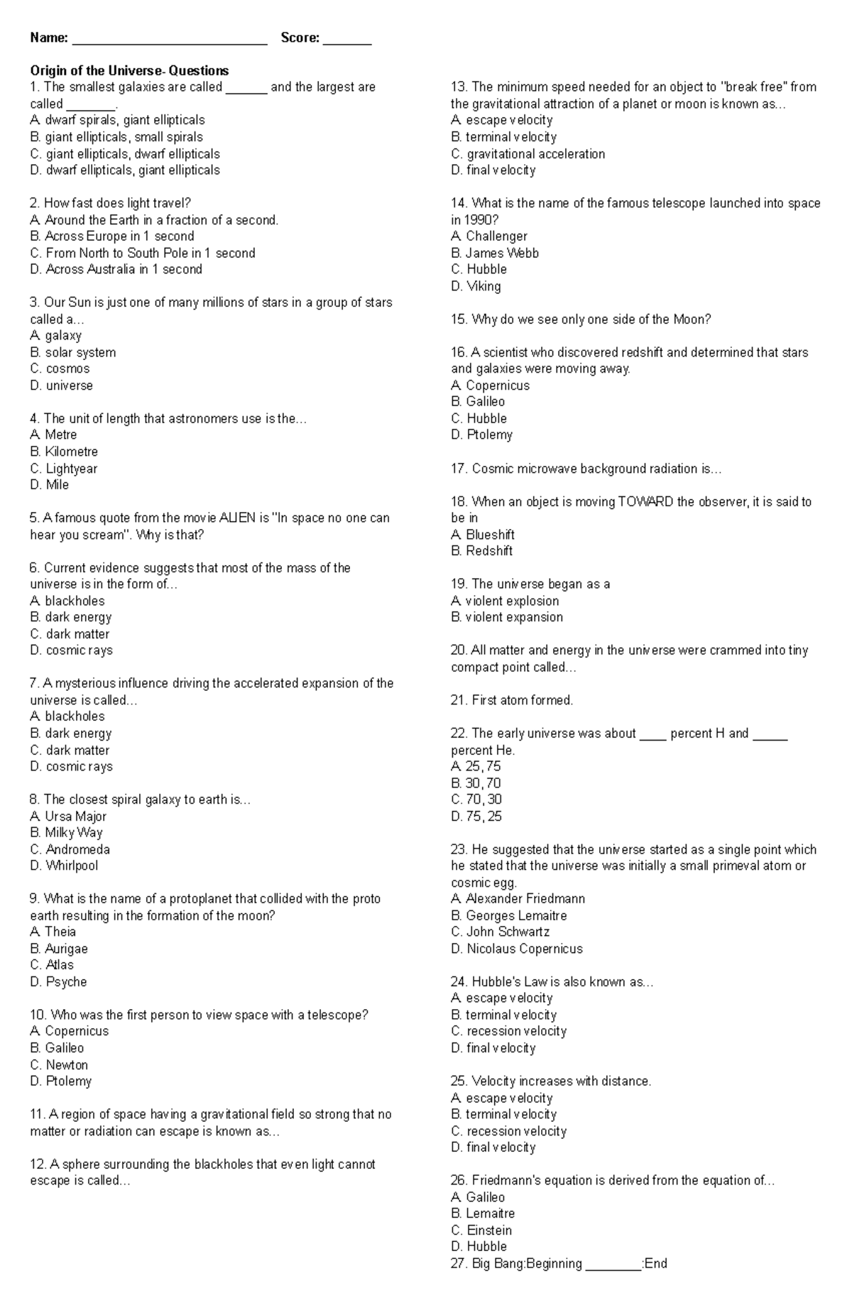Earth Science Quiz Bee Reviewer Name