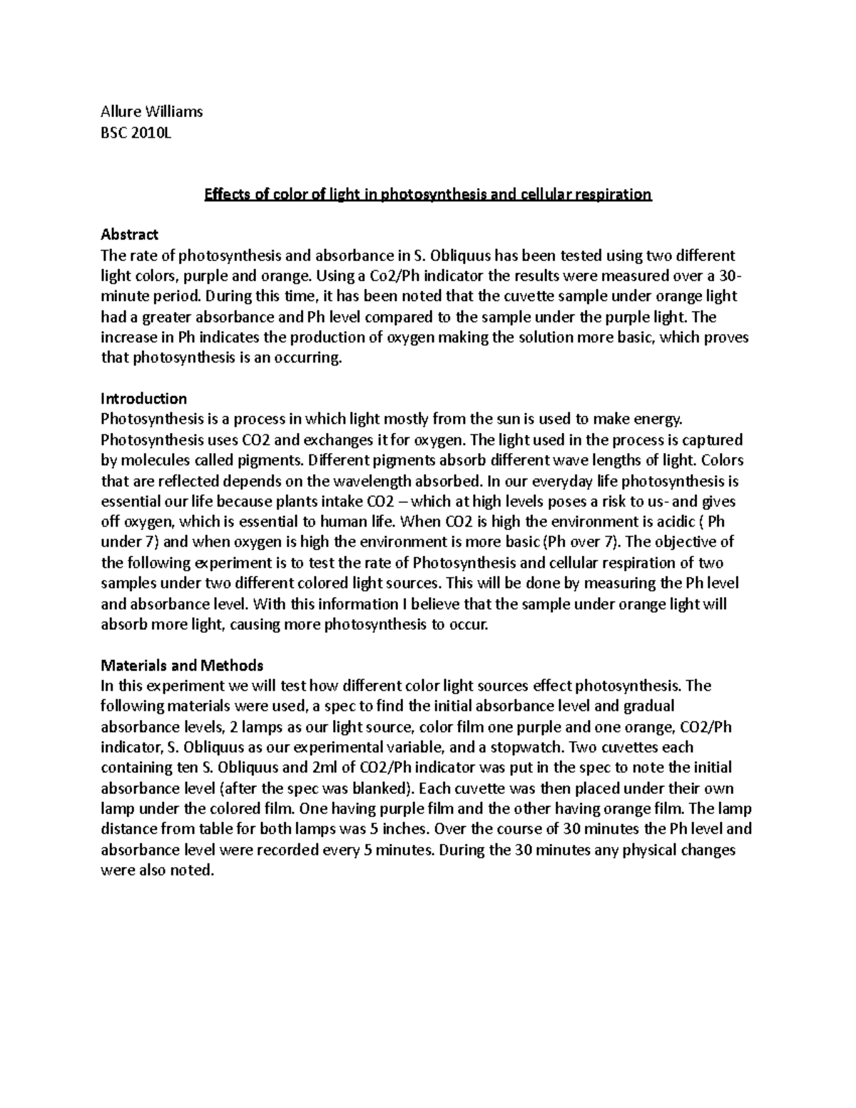 BSCL E5 lab report - Allure Williams BSC 2010L Effects of color of ...