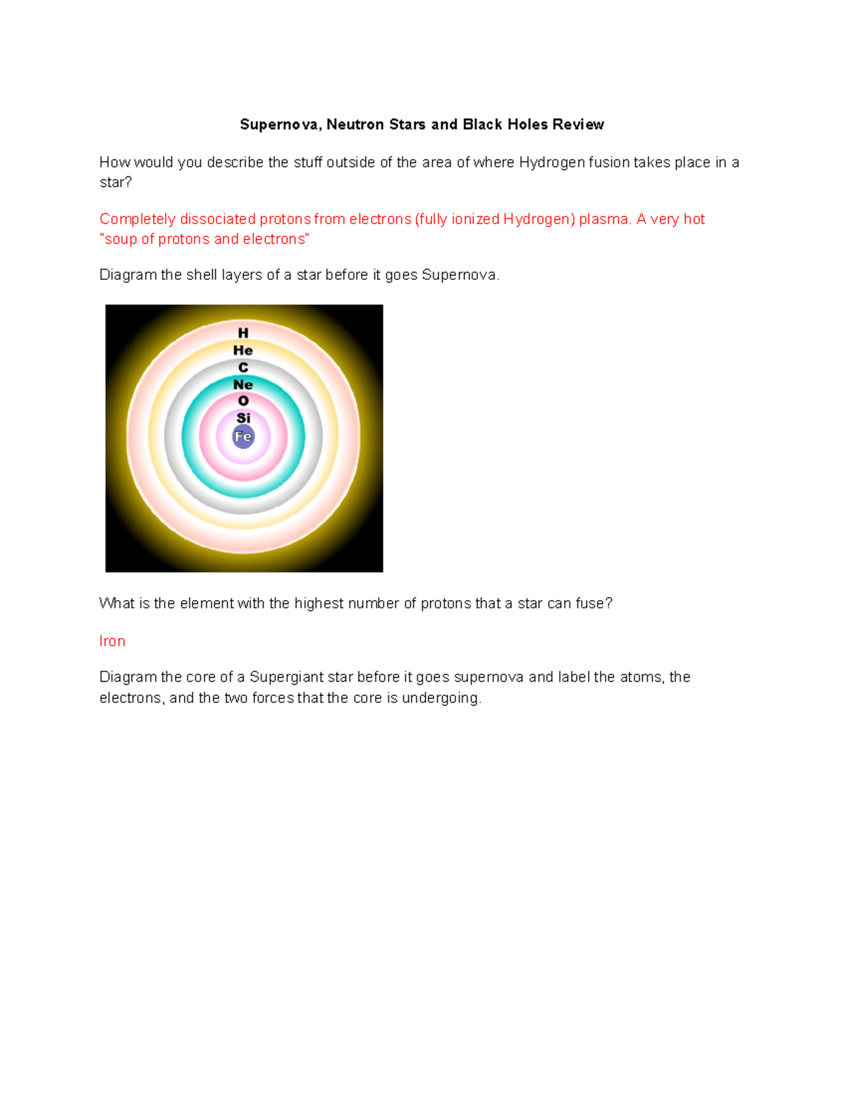 Supernova Neutron Stars and Black Holes Review Key - Supernova, Neutron ...