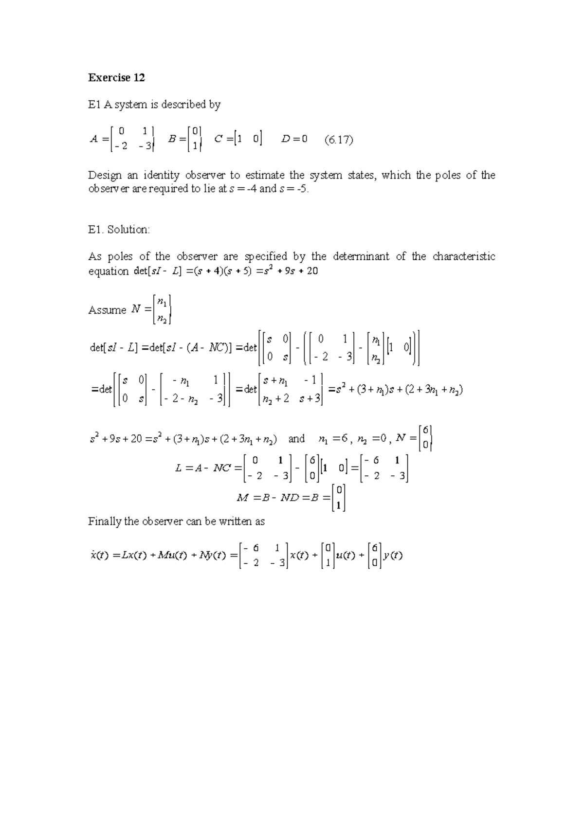 Lec 12 Solution - Exercise 12 E1 A system is described by A B C D - Studocu