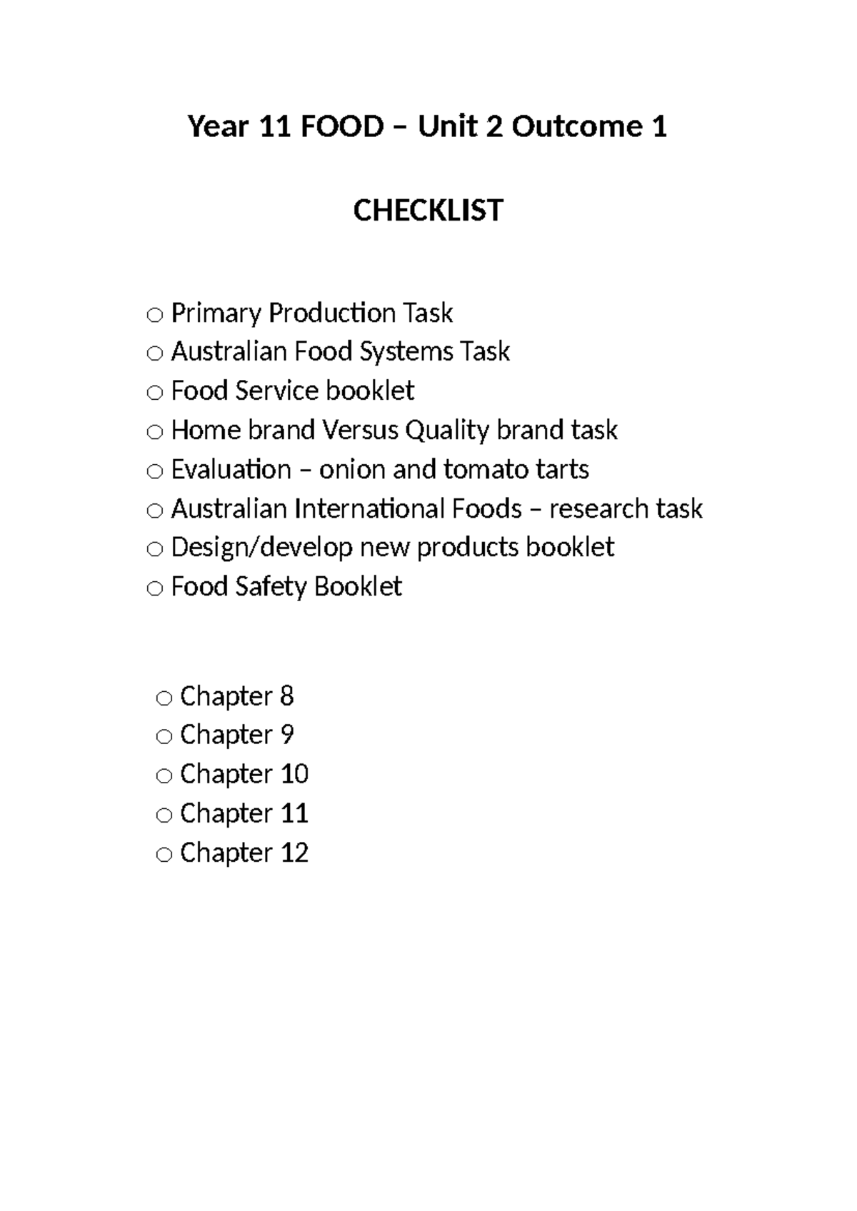 Year 11 FOOD - Task to satisfy outcomes - Year 11 FOOD – Unit 2 Outcome ...