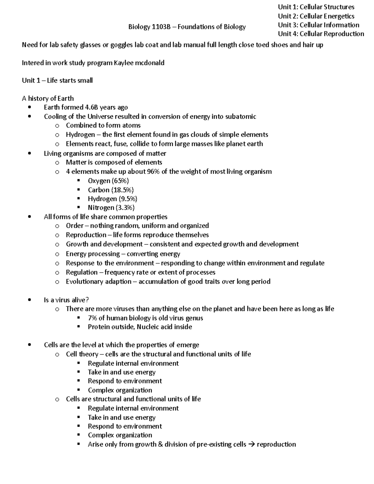 Biology 1103 notes - BIOL 1103 with Ian - Biology 1103B – Foundations ...
