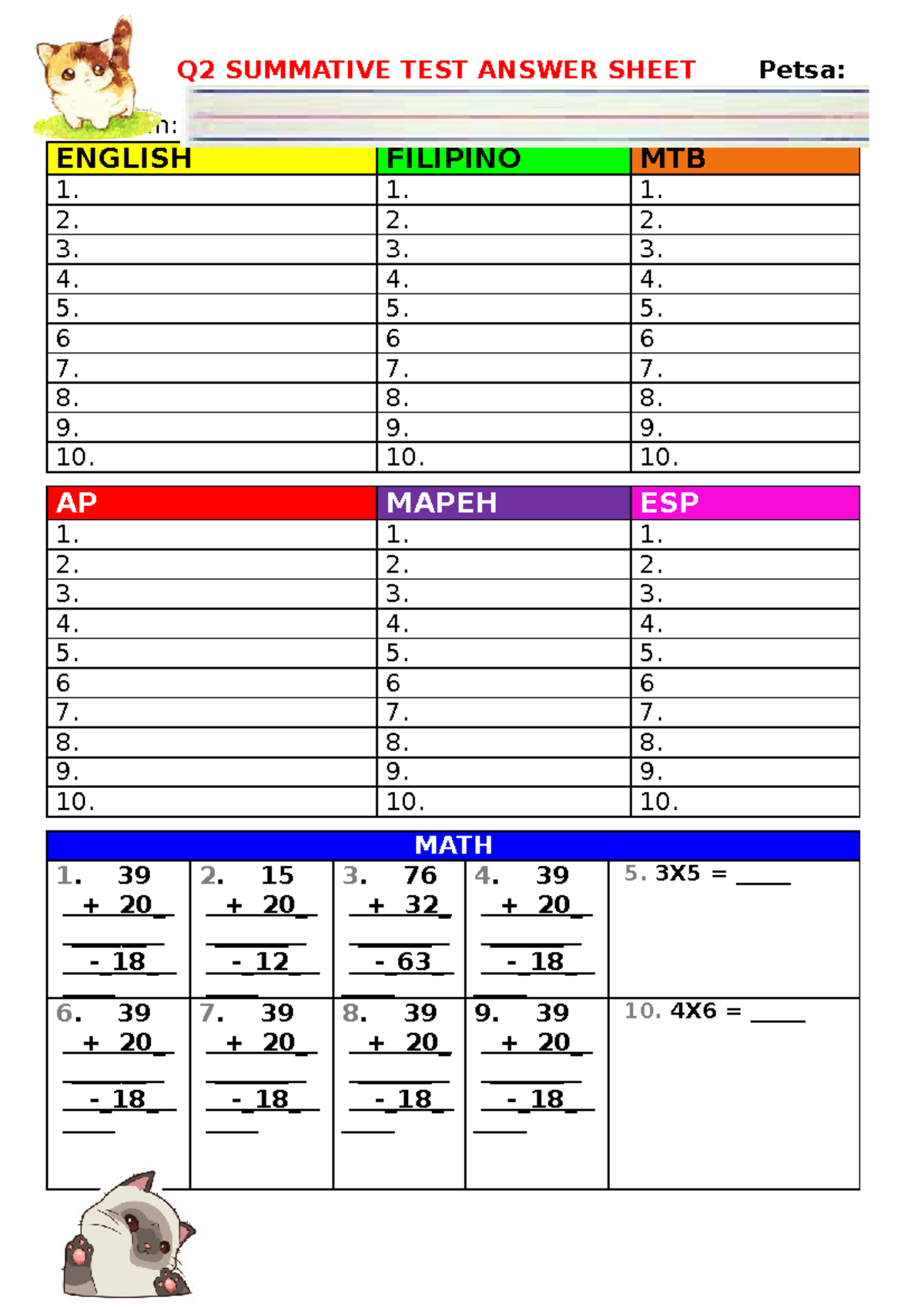 Summative TEST Answer Sheet - Q2 SUMMATIVE TEST ANSWER SHEET Petsa ...