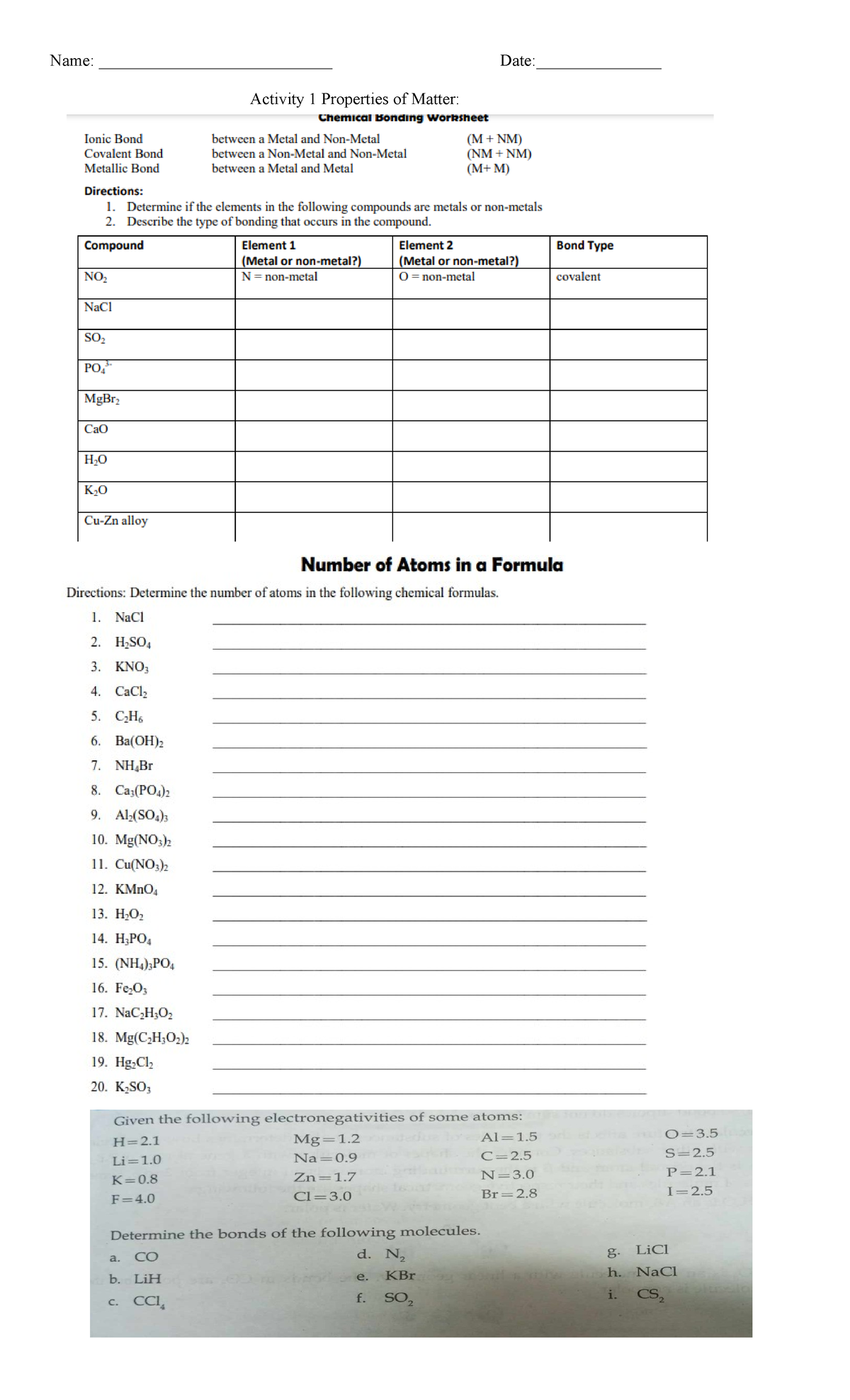 Physical Science activity - Name: Date: Activity 1 Properties of Matter ...