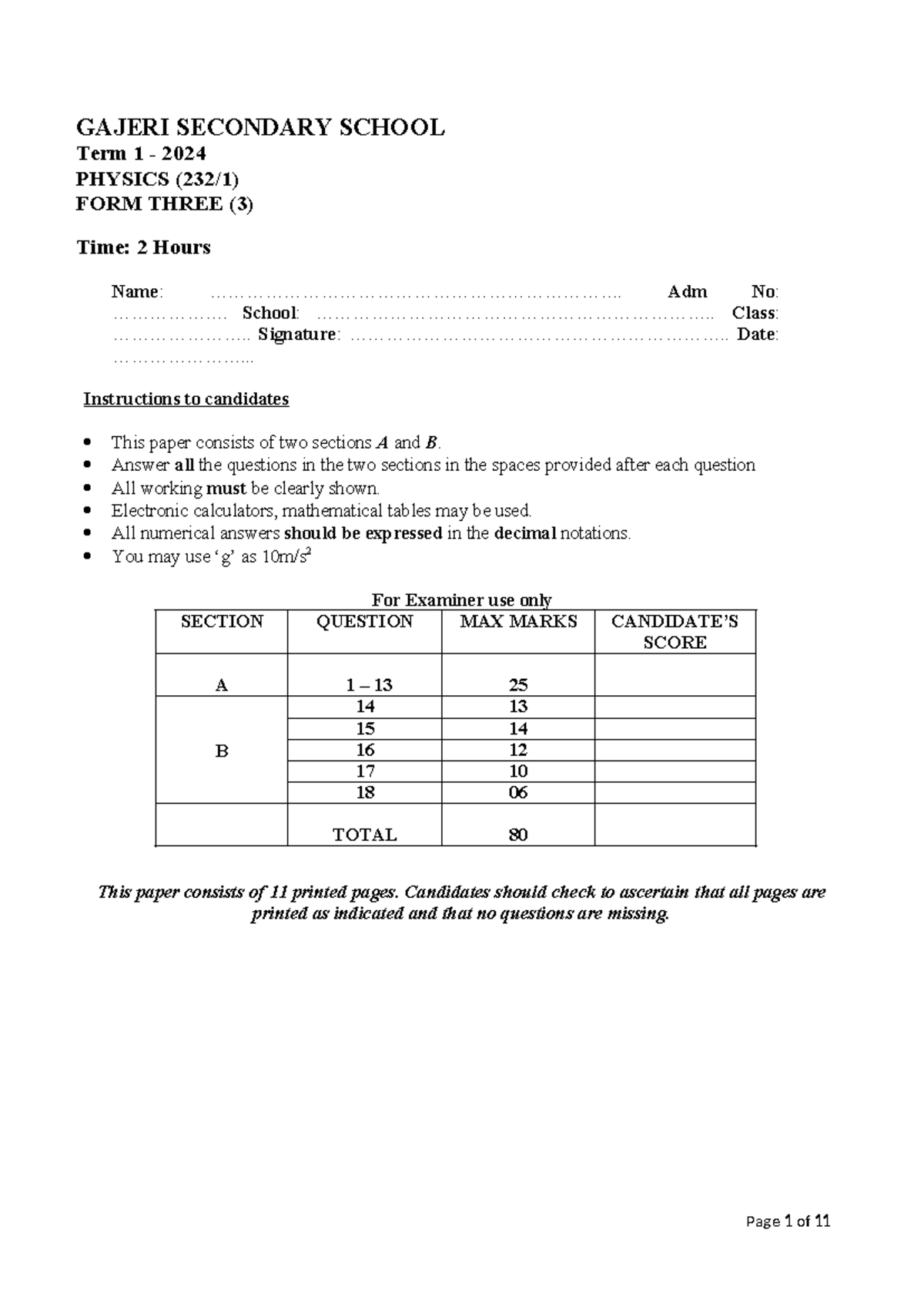 Physics PP1 FORM 3 Question Paper Zeraki Achievers 7.0 - August 2022 ...