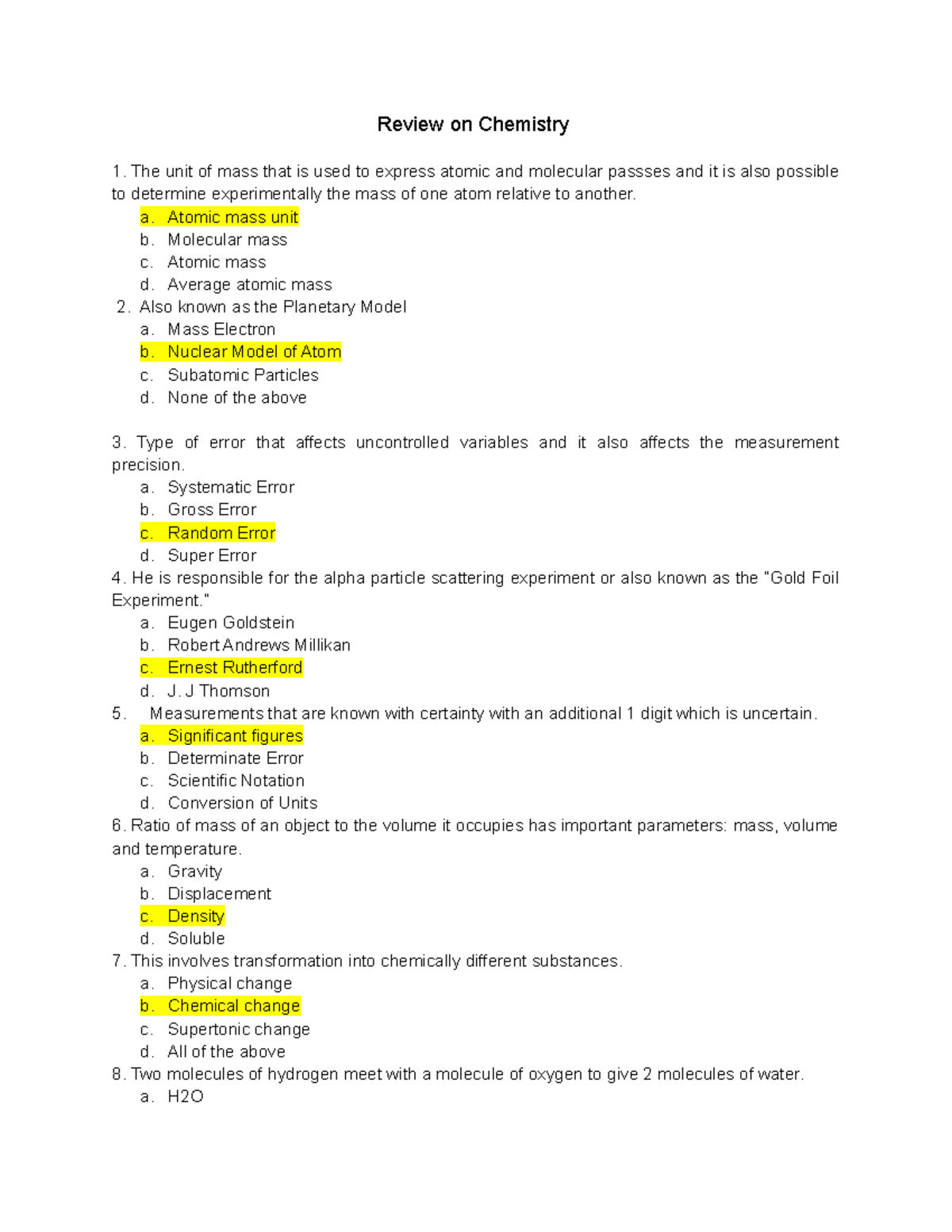 Review on Chemistry - Multiple choice type - Review on Chemistry The ...