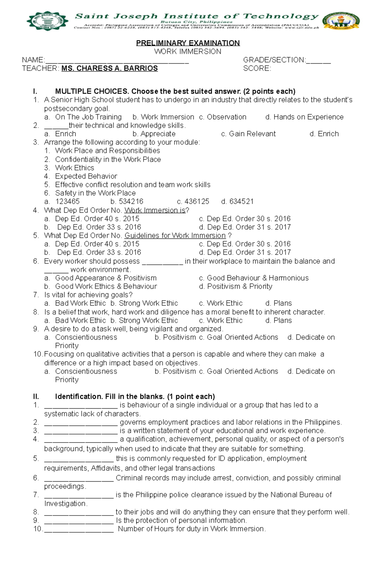 Preliminary Examination - PRELIMINARY EXAMINATION WORK IMMERSION - Studocu