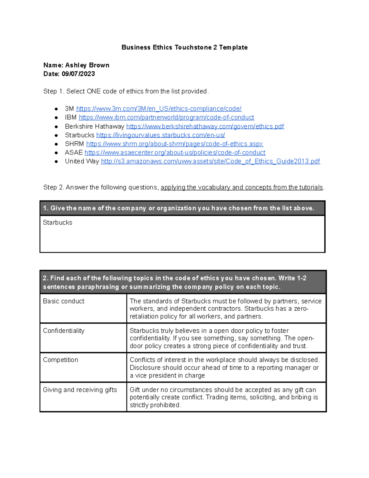 Business Ethics ( BUS 309 ) Touchstone 2 Review A Code of Ethics - Business Ethics Touchstone 2 ...