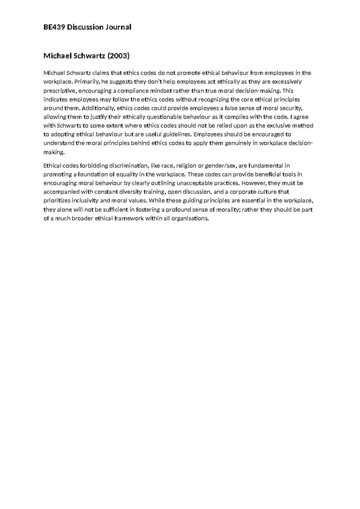 BE439 Discussion Journal 3 2300201 - BE439 Discussion Journal Michael ...