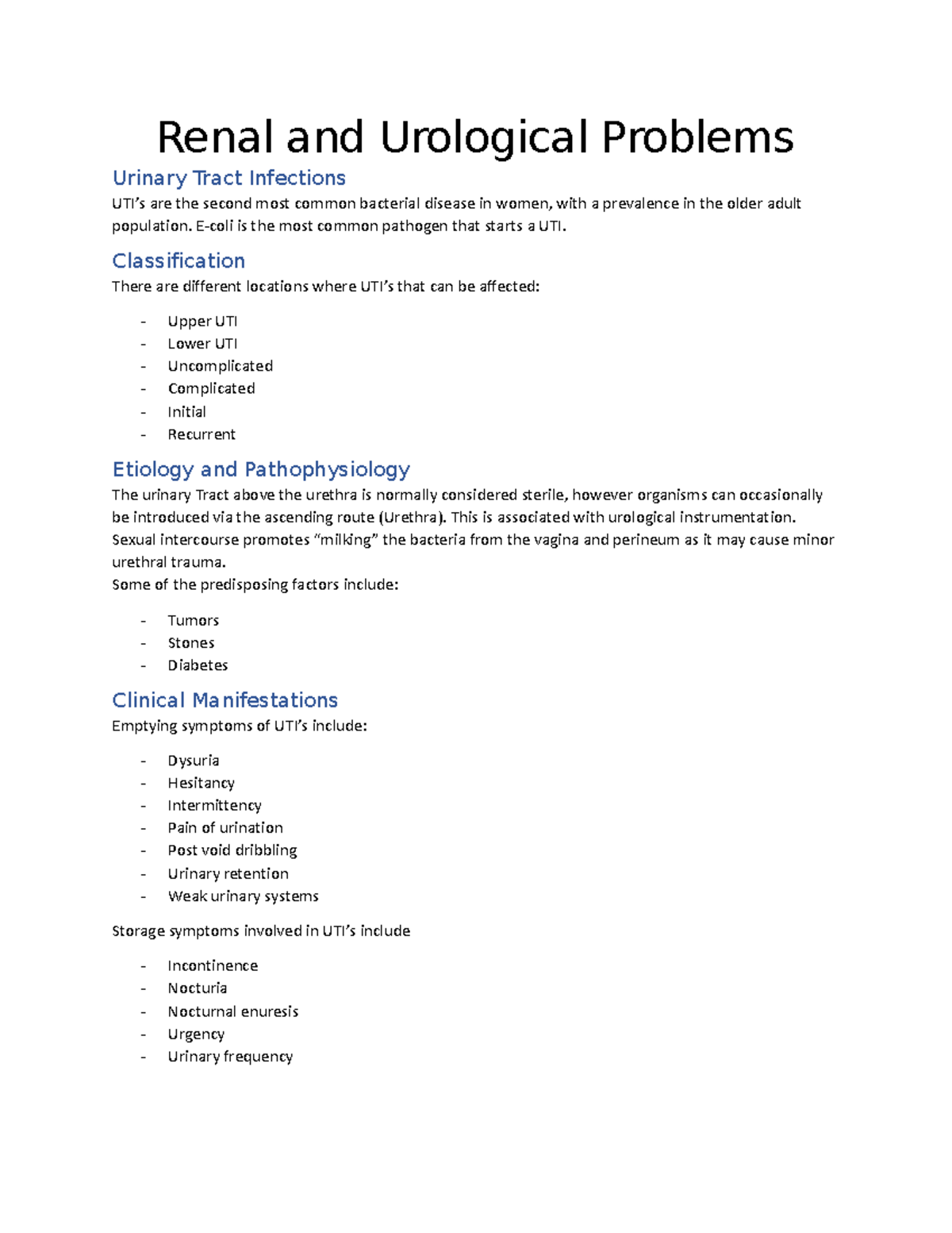 Renal and Urological Problems - Renal and Urological Problems Urinary ...