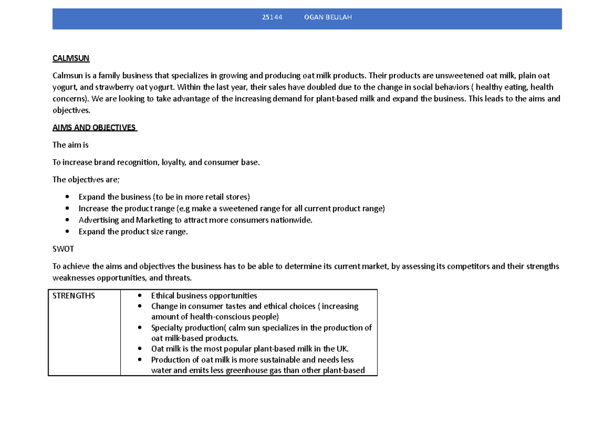 Unit 2 mock assesment - CALMSUN Calmsun is a family business that ...