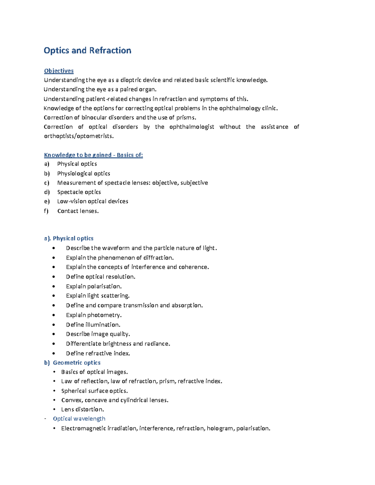 EBO Curriculum Optics and Refraction - Optics and Refraction Objectives ...
