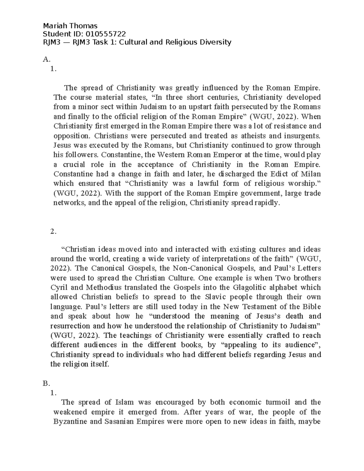 Task 1 World History Submission 2 - Mariah Thomas Student ID: 010555722 ...