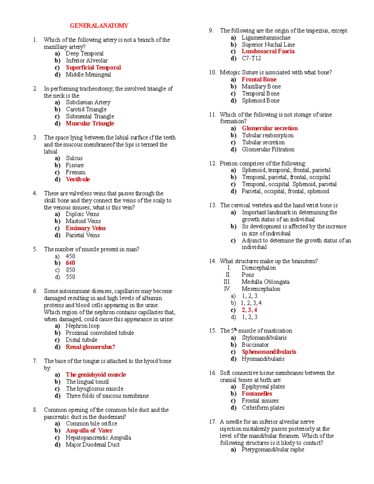 General Anatomy Answer Key 1 - GENERAL ANATOMY Which of the following ...