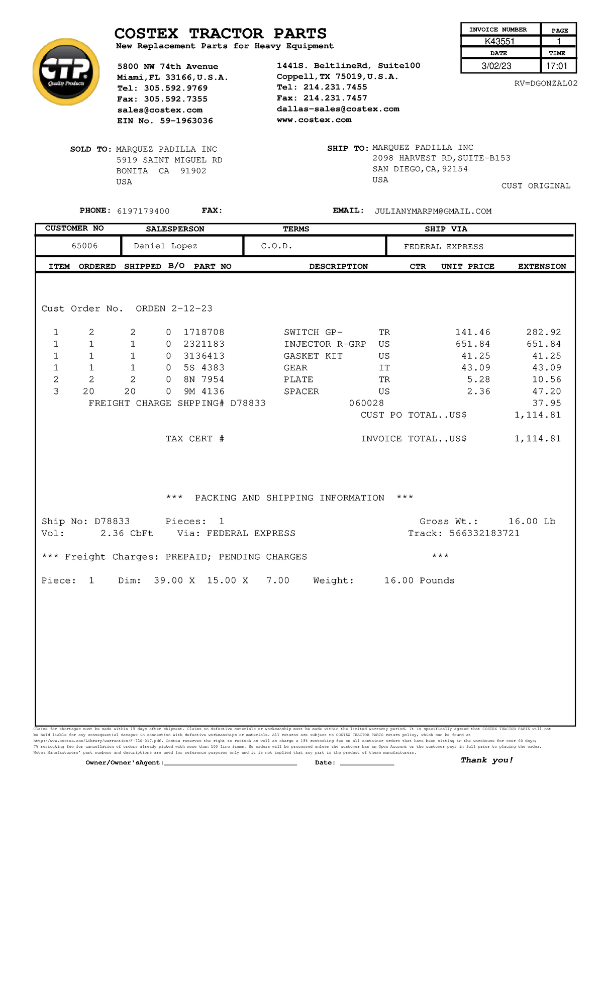 K43551 - ... - COSTEX TRACTOR PARTS INVOICE NUMBER PAGE New Replacement ...