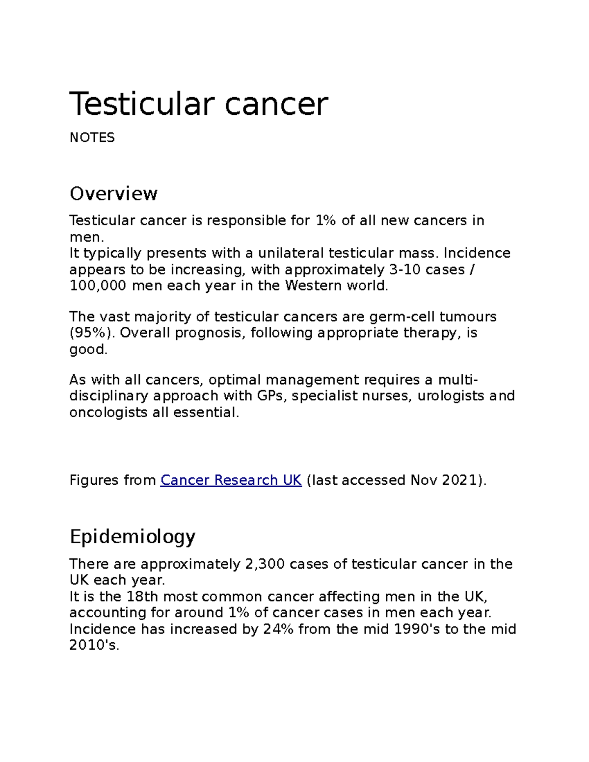 Testicular cancer - Lecture notes 1 - Testicular cancer NOTES Overview ...
