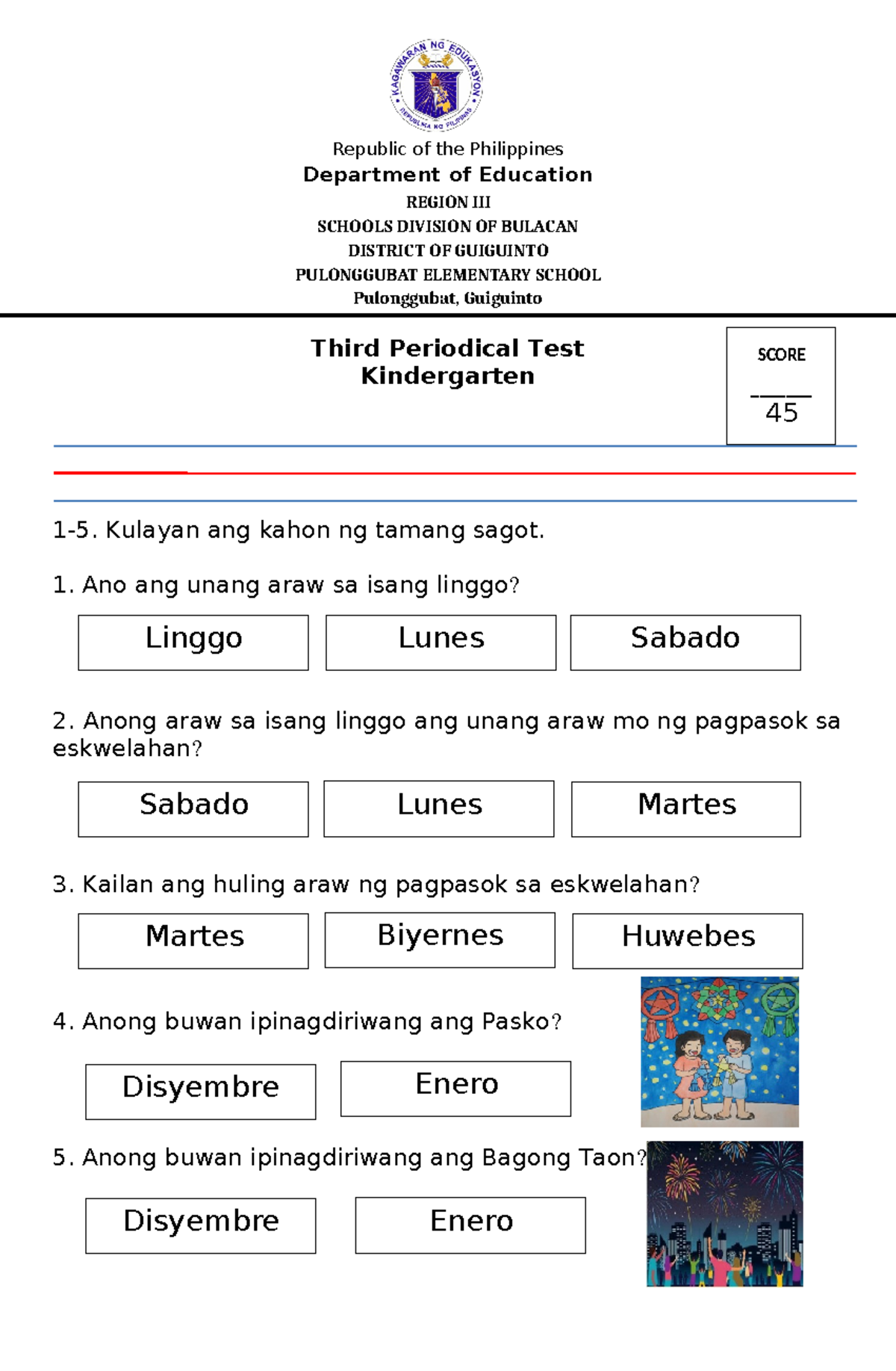 3rd quarter exam Kinder - ####### Republic of the Philippines ...
