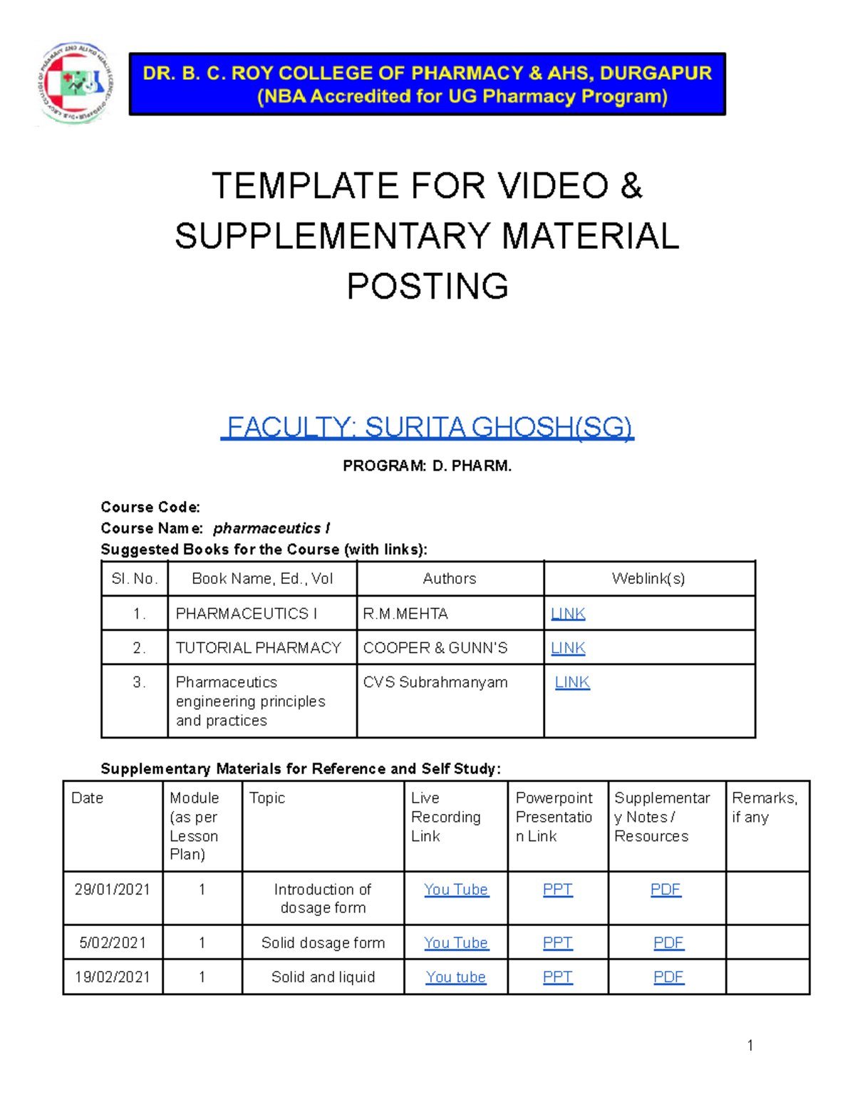 Pharmaceutics SG - For exam preparation - TEMPLATE FOR VIDEO ...