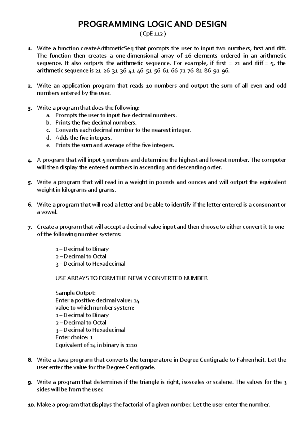 Ass Pld 2 Programming Logic And Design Programming Logic And Design Cpe 112 Write A