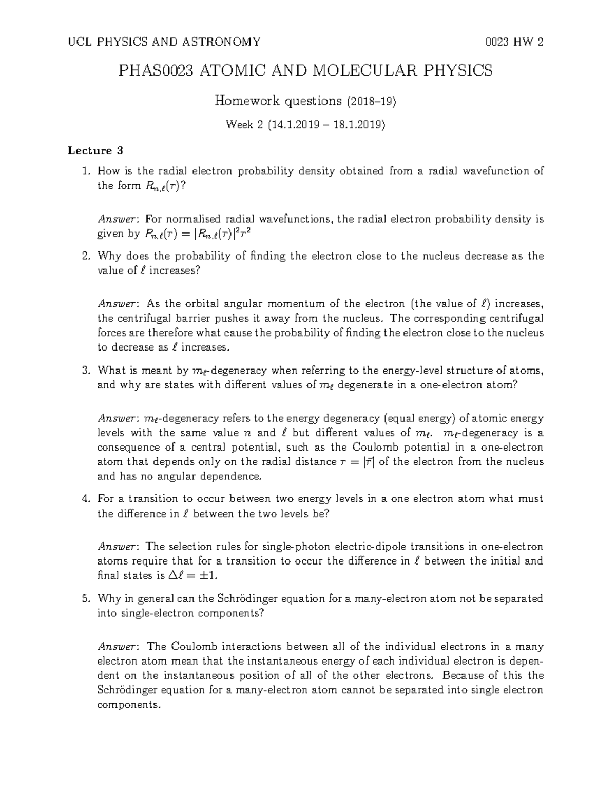 2B24 PHAS0023 hw2 - UCL PHYSICS AND ASTRONOMY 0023 HW 2 PHAS0023 ATOMIC ...