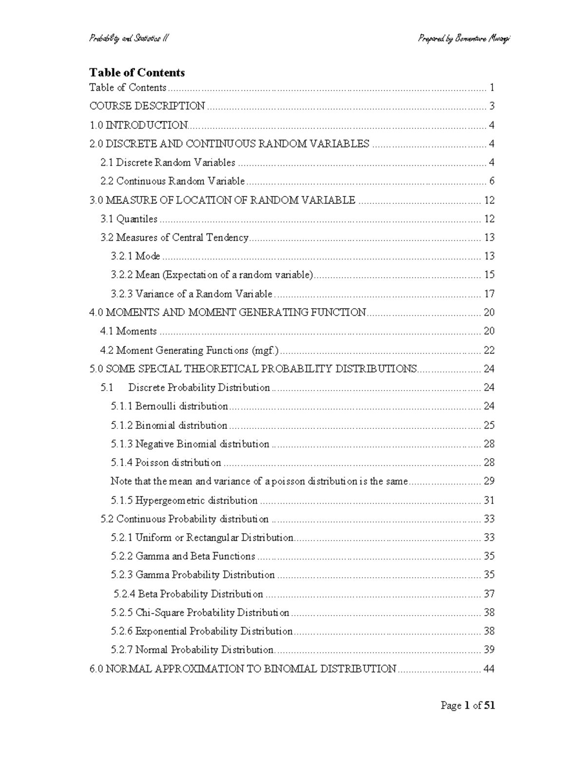 STA 2200 - SPM 2240 - SPS 2240 Probability and Statistics II-1 - Table of Contents Table of ...