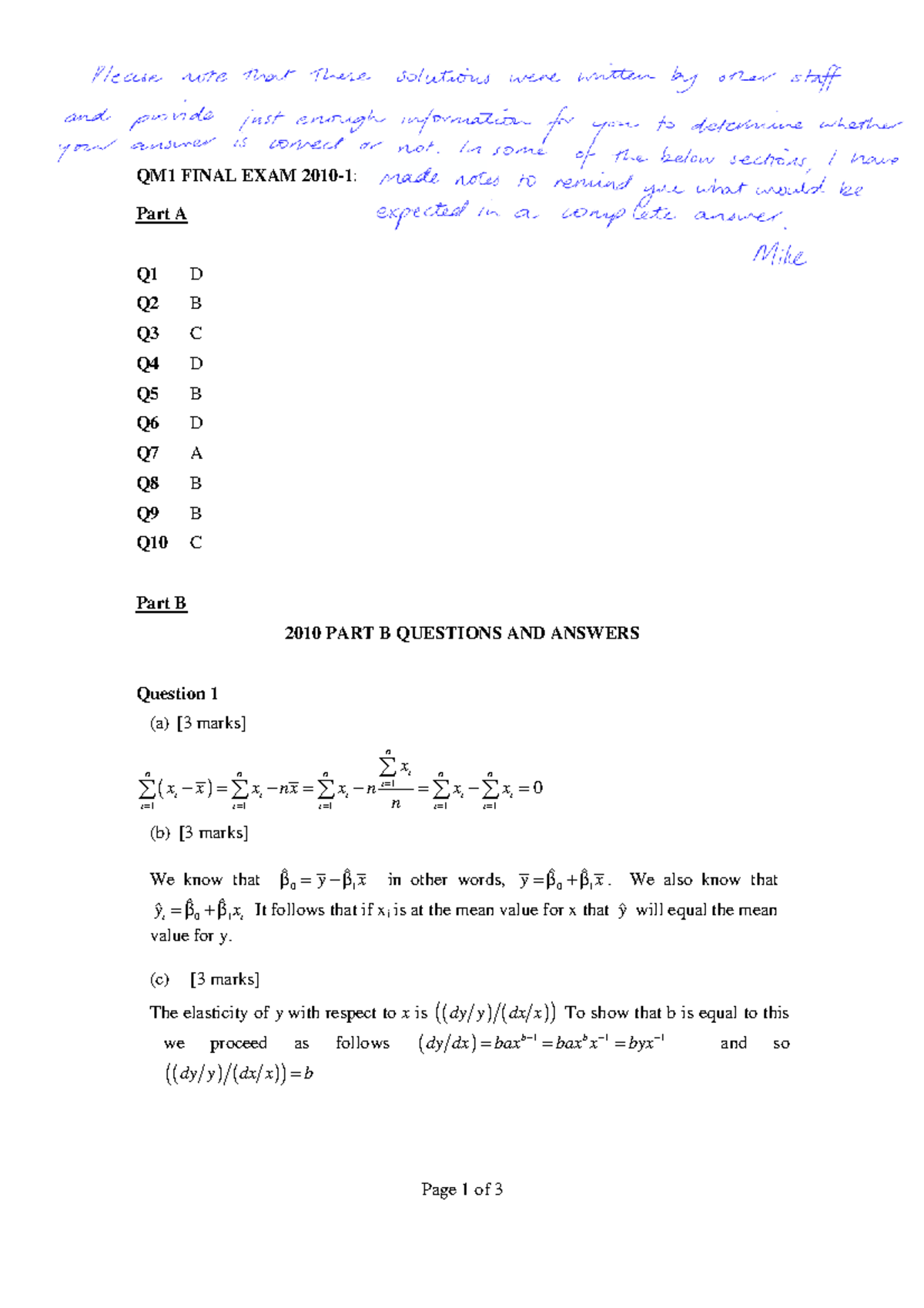 ECON10005 2010 S1 Exam Solutions - Page 1 of 3 QM1 FINAL EXAM 2010-1 ...
