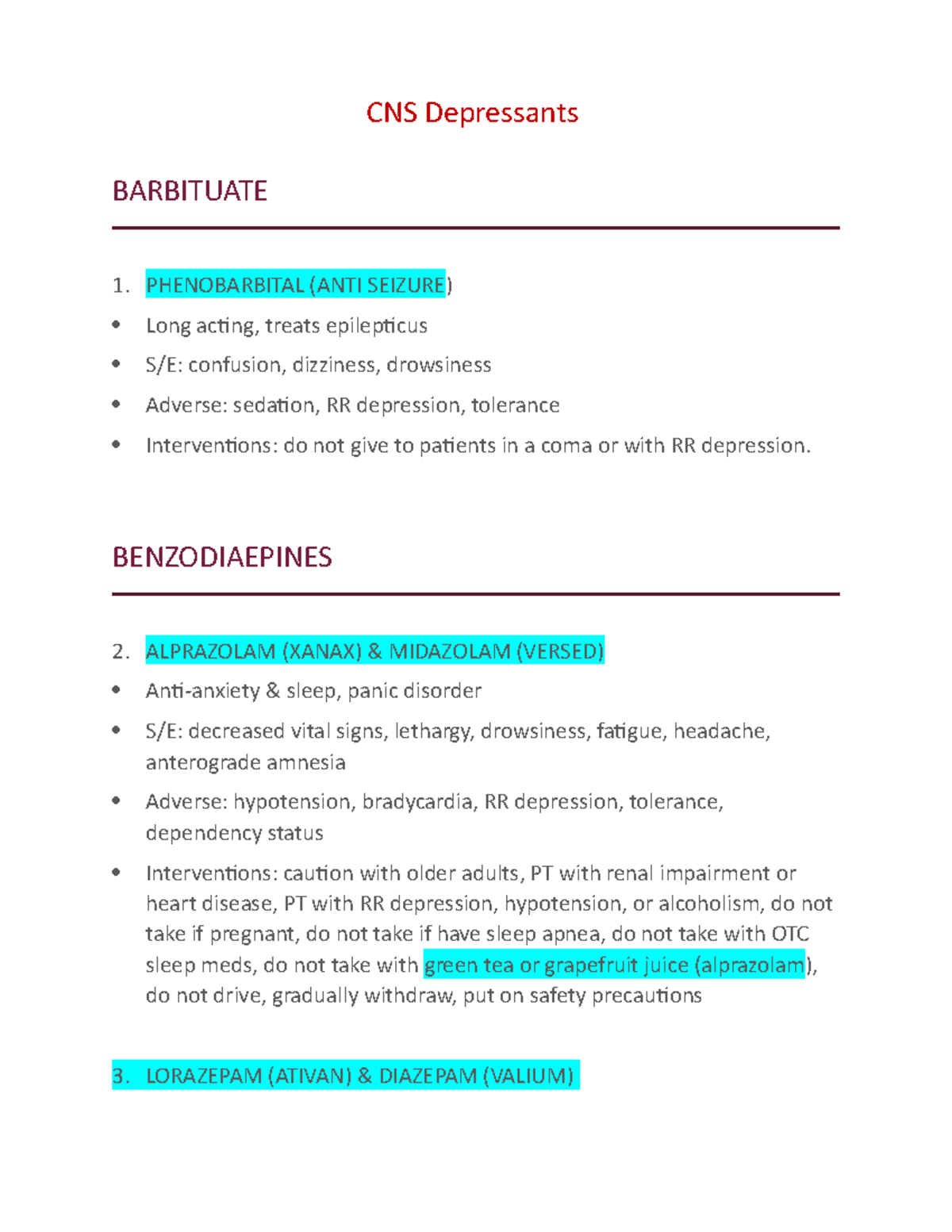 EXAM 1 - Pharm - DRUG CARDS - CNS Depressants BARBITUATE 1 ...