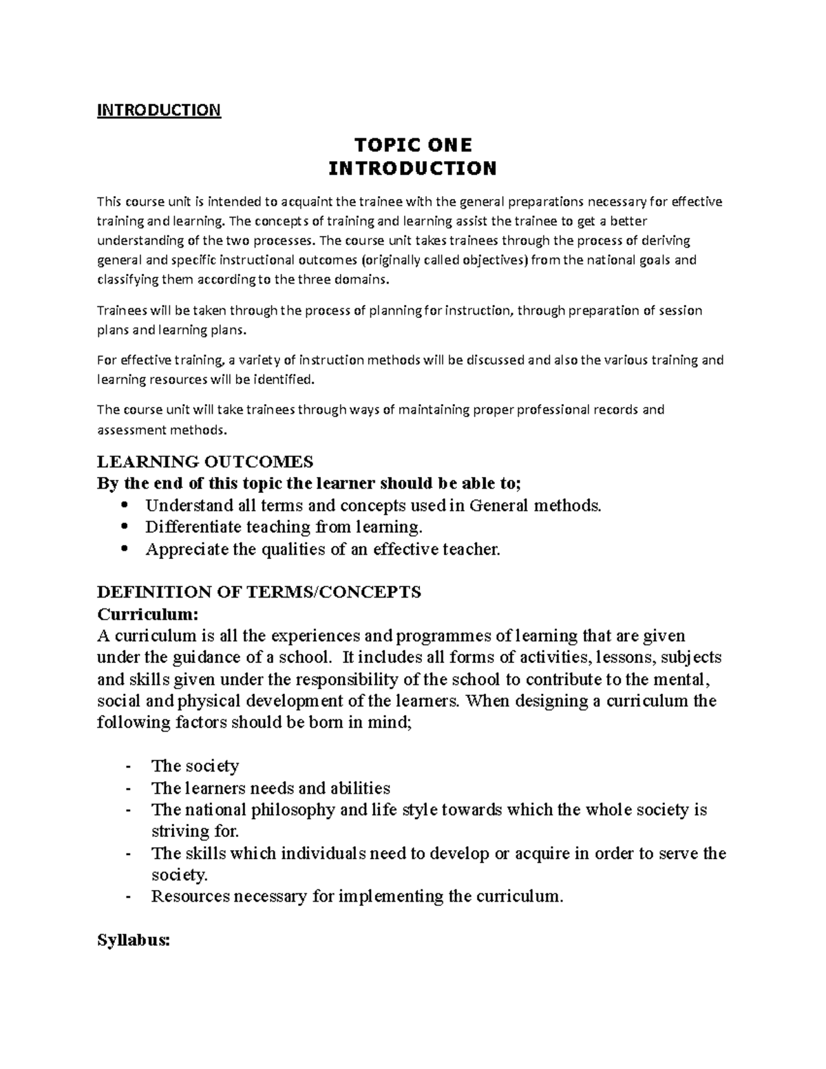 Introduction Teaching Methods Rccms - INTRODUCTION TOPIC ONE INTRODUCTION This course unit is ...