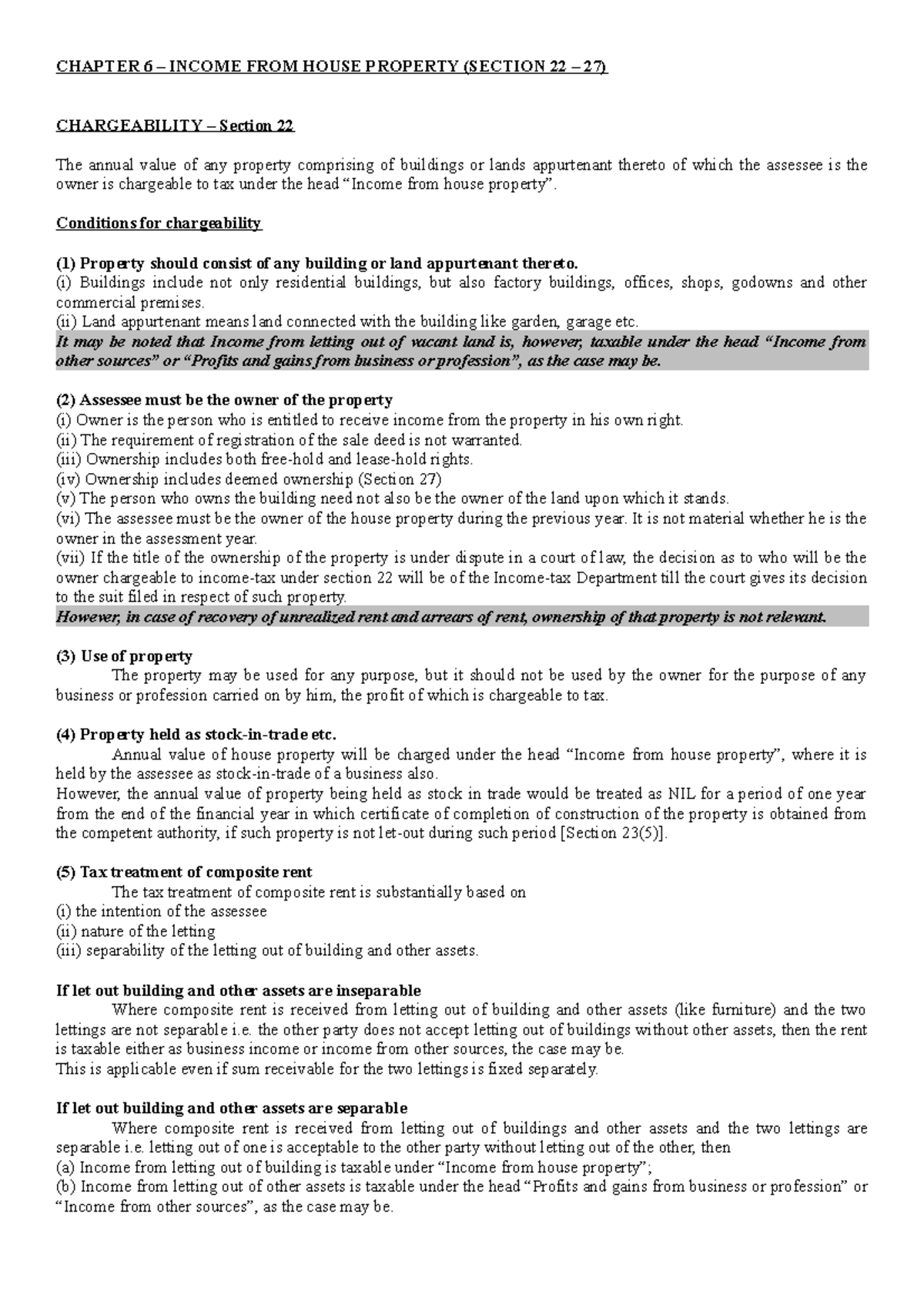 DT (Sal,IFHP) - Lecture notes 1 - CHAPTER 6 – INCOME FROM HOUSE ...