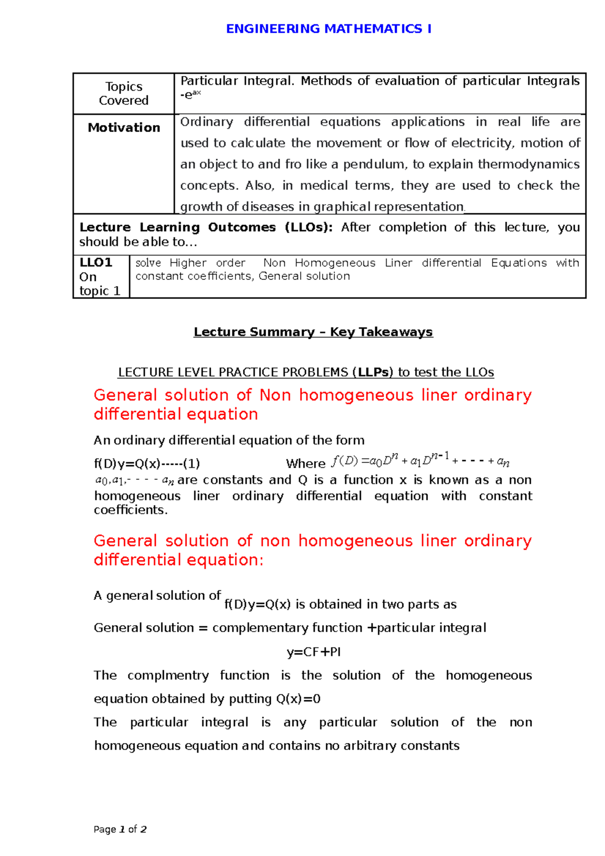 Methods of evaluation of particular Integrals - ENGINEERING MATHEMATICS ...