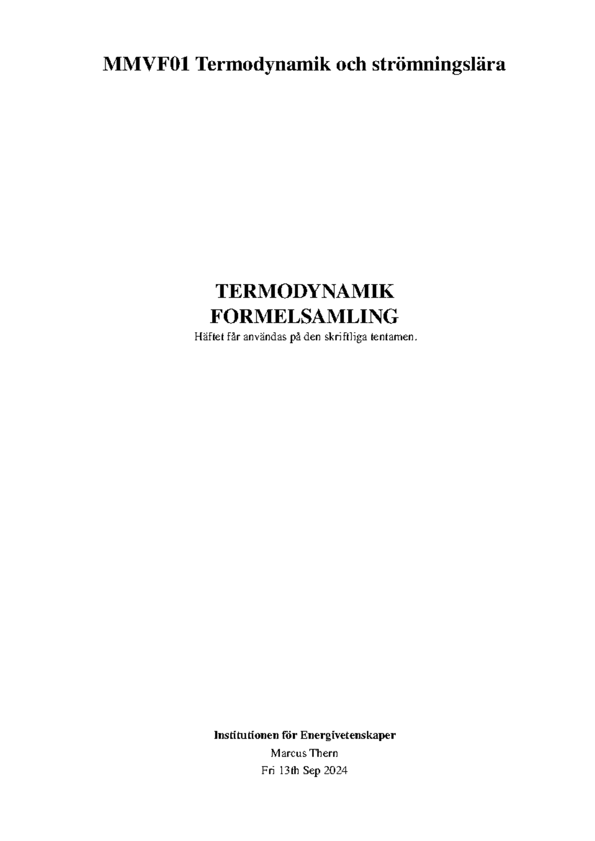 Termodynamik-formelsamling - MMVF01 Termodynamik och strömningslära ...