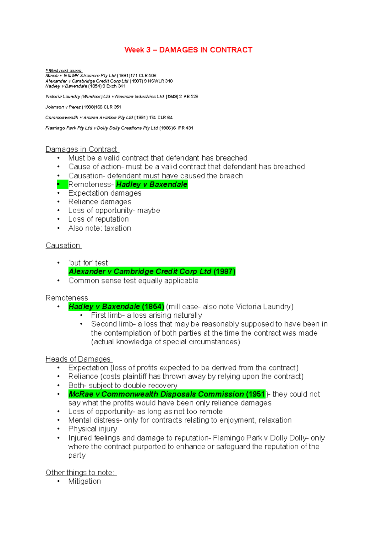 Damages in Contract - Week 3 – DAMAGES IN CONTRACT Must read cases ...