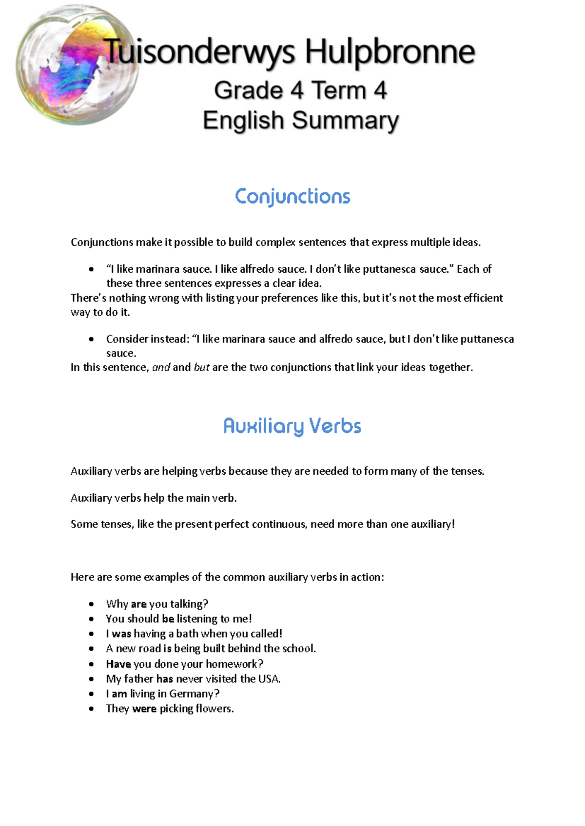 Grade 4 Term 4 English Summary - Conjunctions make it possible to build ...