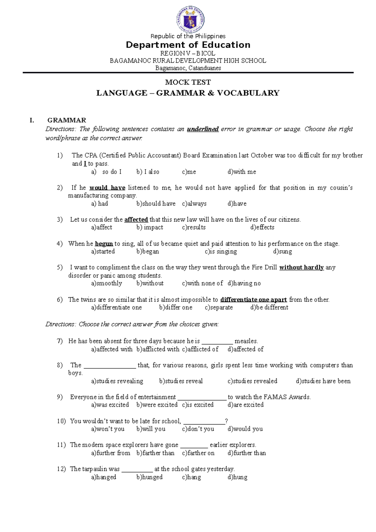 Mock test natg12 - nhuiio - Republic of the Philippines Department of ...