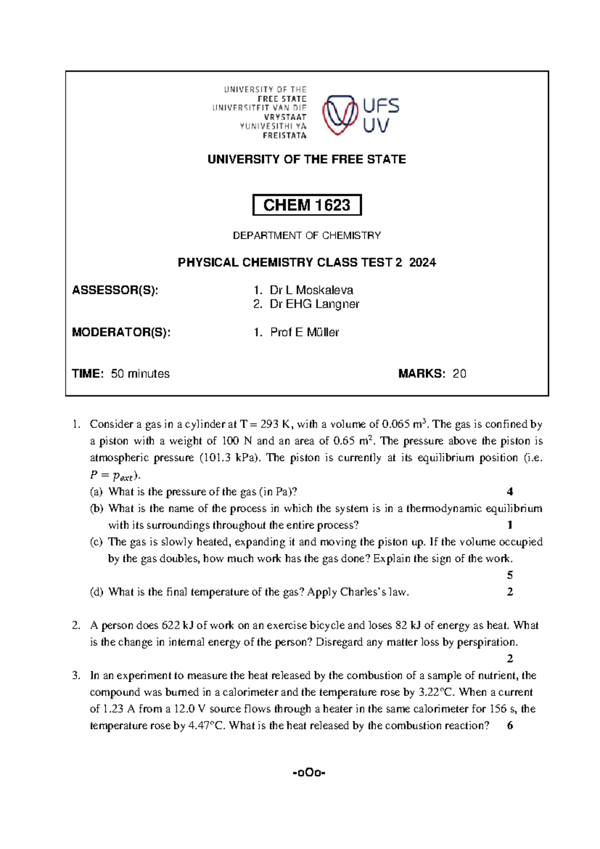 Class Test 4 and Memo - UNIVERSITY OF THE FREE STATE cCHEM 1623c ...