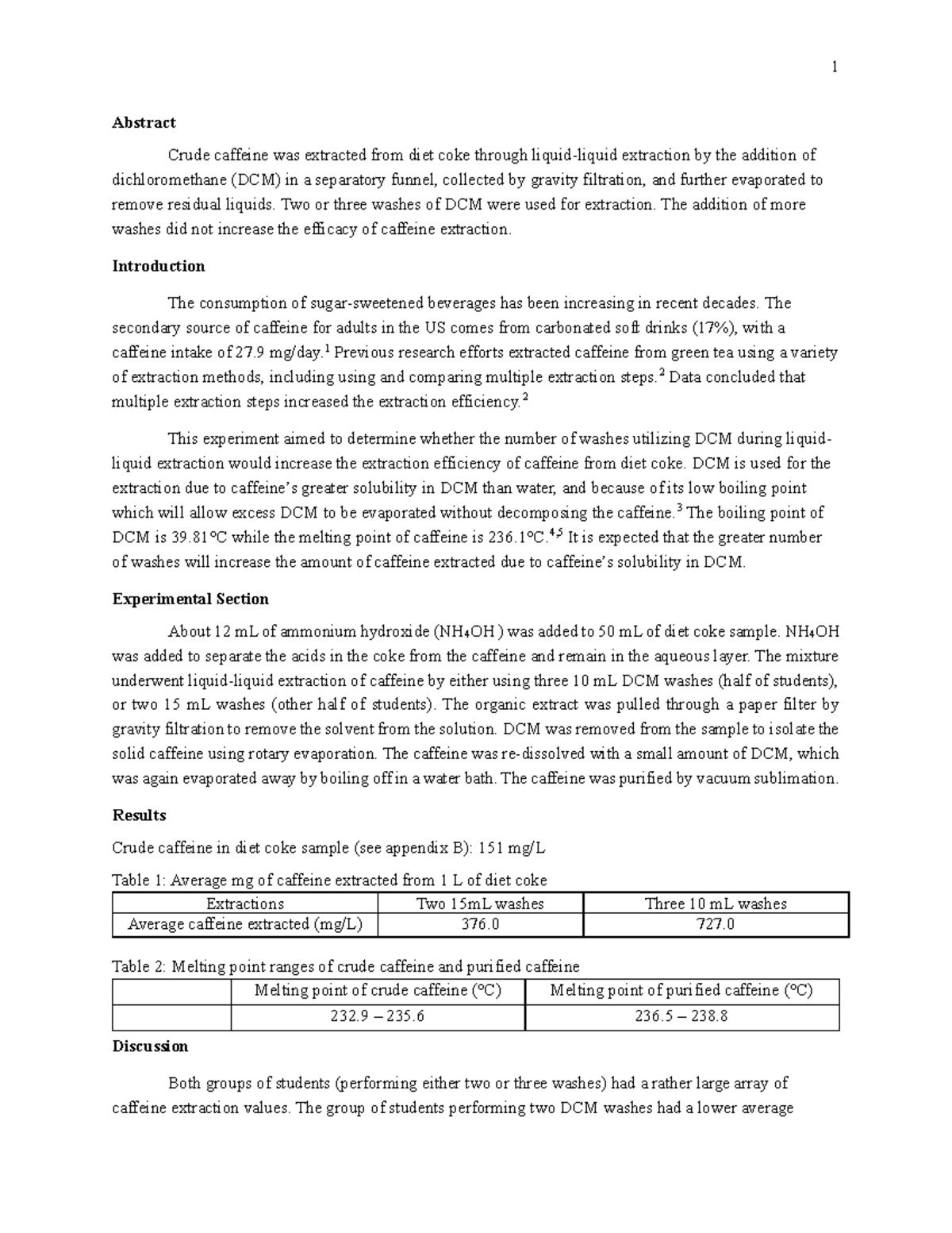 Experiment 10 Lab Report - Abstract Crude caffeine was extracted from ...