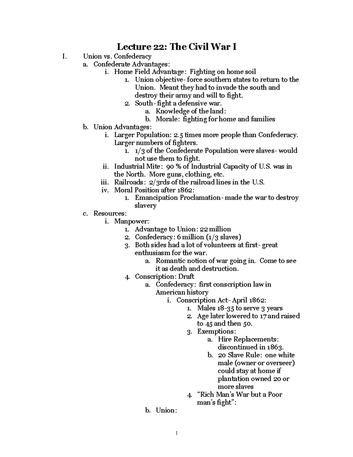 Lecture 22- The Civil War I (04-23)- Outline - Lecture 22: The Civil ...
