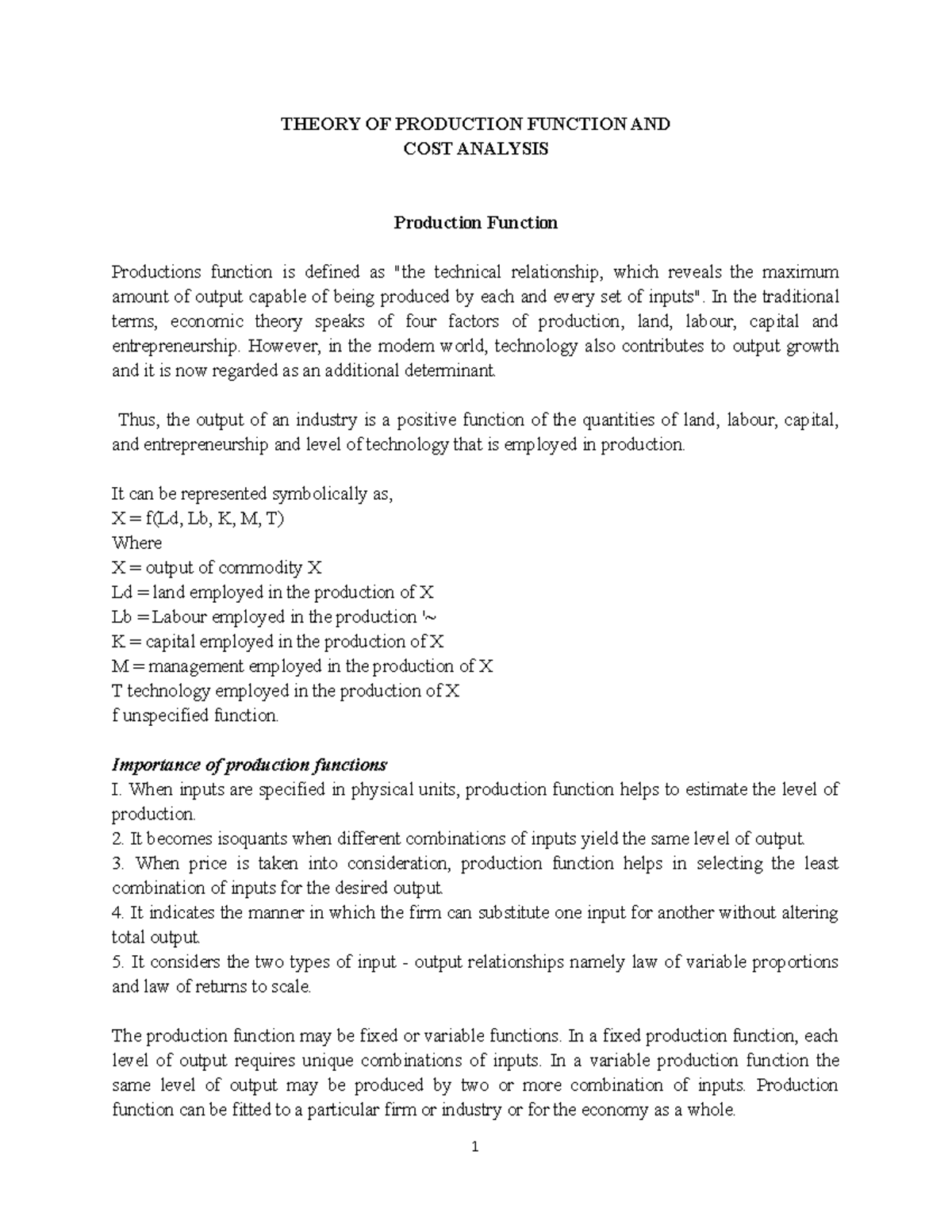 Chapter 3 Theory OF Production Function AND COST Analysis - THEORY OF ...