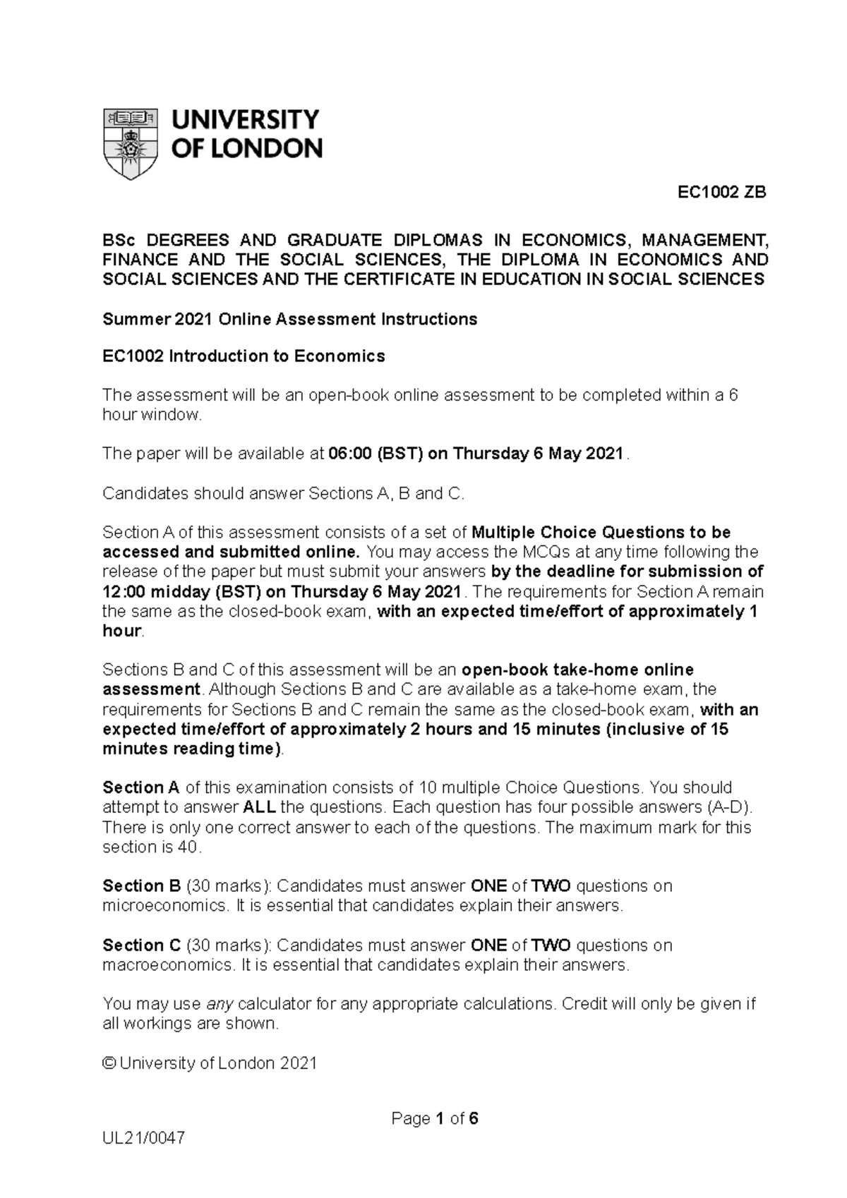 EC1002 ZB final exam paper for students - EC1002 ZB BSc DEGREES AND ...