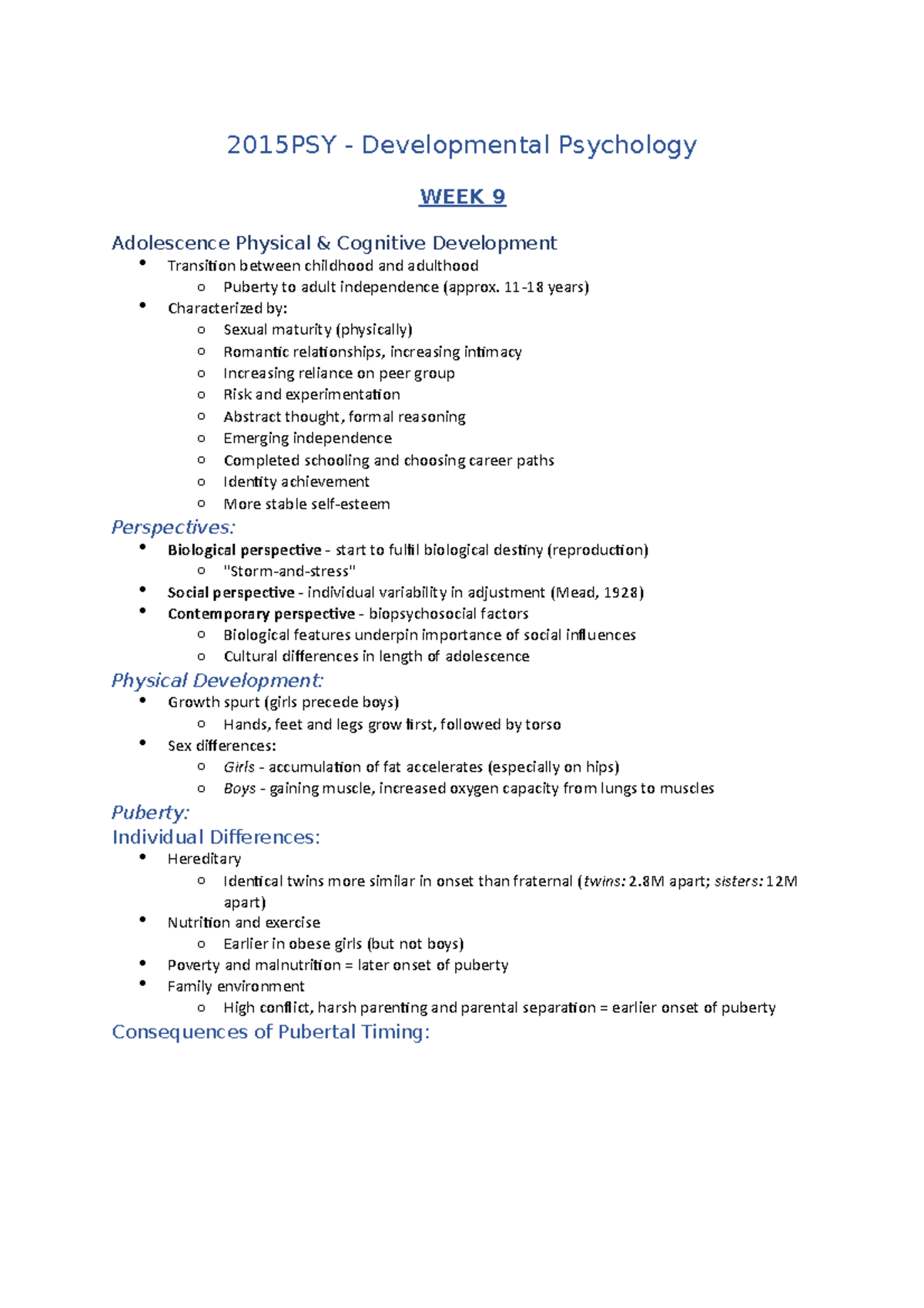 2015 PSY (WK 9) - Module & Lecture Notes - 2015PSY - Developmental ...