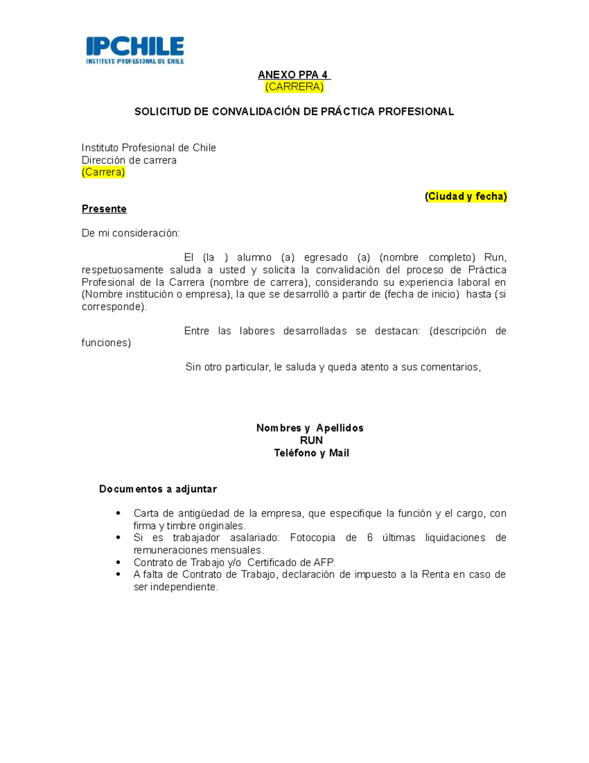 Anexo PPA 4 - ANEXO PPA 4 (CARRERA) SOLICITUD DE CONVALIDACIÓN DE ...