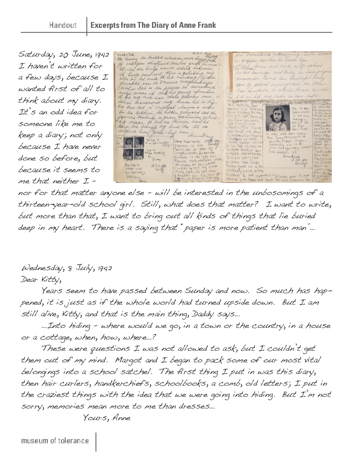 ANNE Frank - Reading material - Handout Excerpts from The Diary of Anne ...