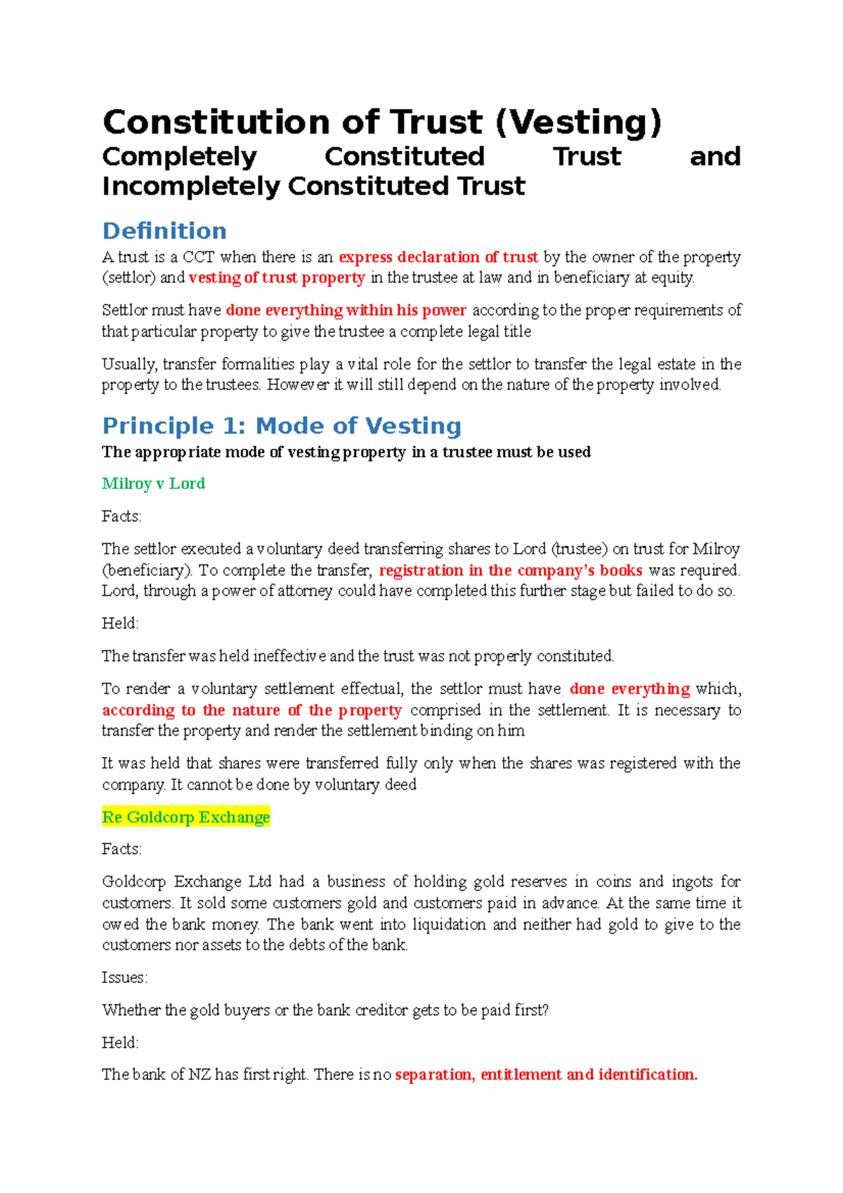 Ultimate notes of Liana Lim on Vesting - Constitution of Trust (Vesting ...