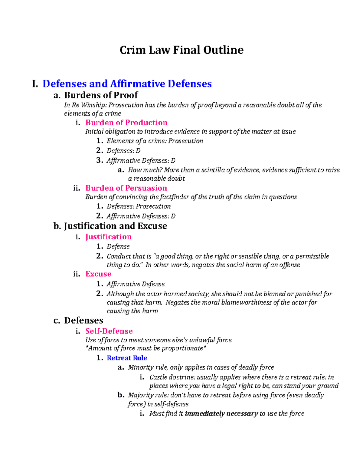 Crim Law Final Outline - Defenses and Affirmative Defenses a. Burdens ...
